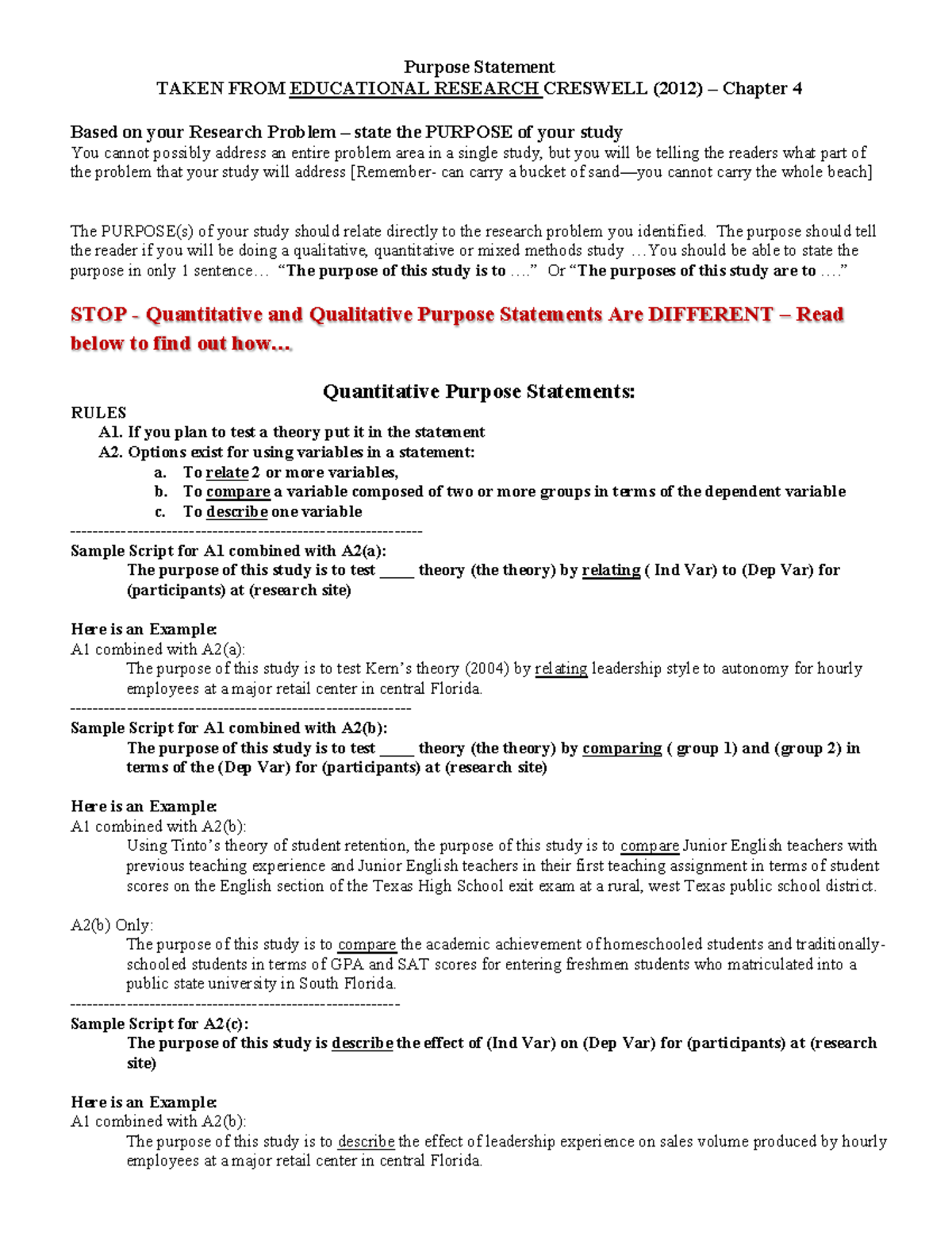 The Purpose Statement Handout Sep 19 2012 - Purpose Statement TAKEN ...