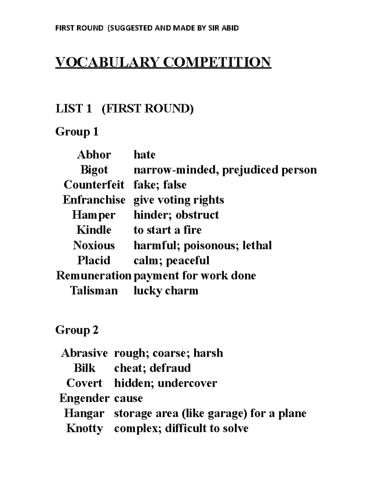 First Round VOCAB - VOCABULARY COMPETITION LIST 1 (FIRST ROUND) Group 1 ...