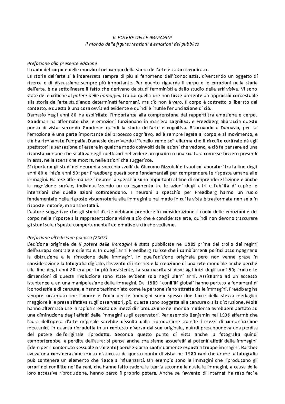 Freedberg - Riassunto Il potere delle immagini. Il mondo delle figure ...