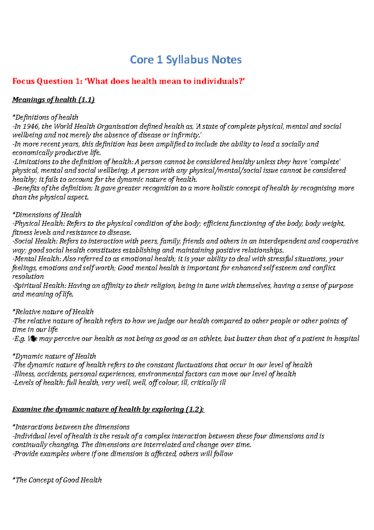 Detailed Notes - Core One - Better Health for Individuals - Core 1 ...