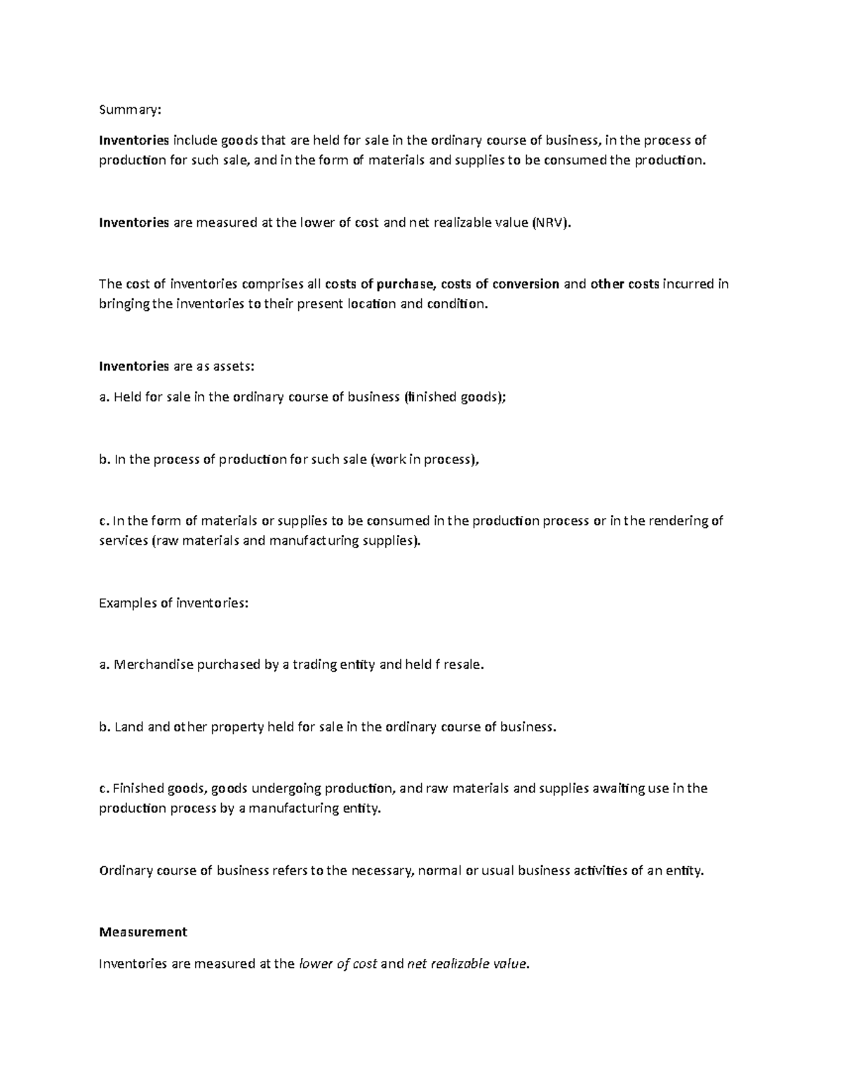 PAS 2- Inventories - Summary: Inventories include goods that are held ...