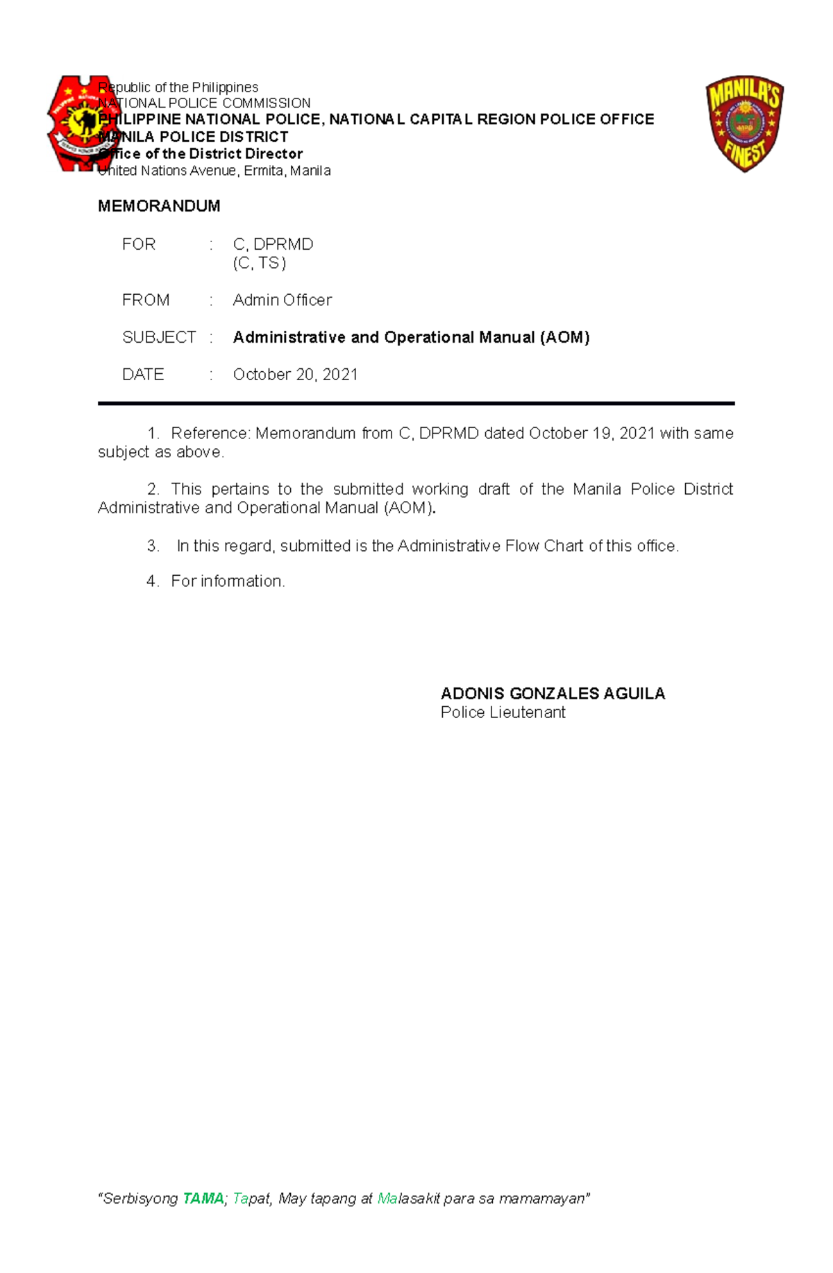 Administrative and Operational Manual (AOM) - This pertains to the ...