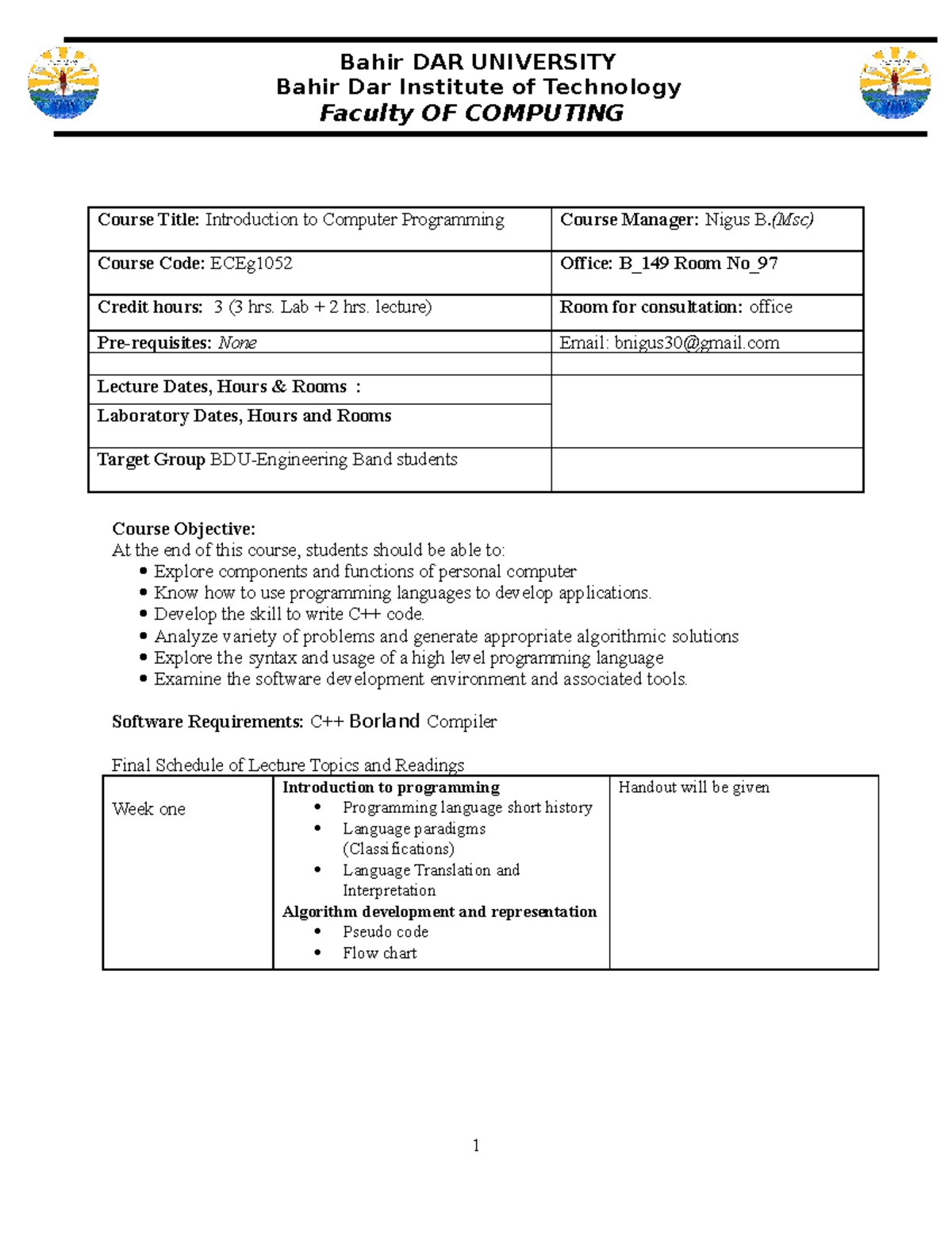 C++ course guid book - Bahir DAR UNIVERSITY Bahir Dar Institute of ...
