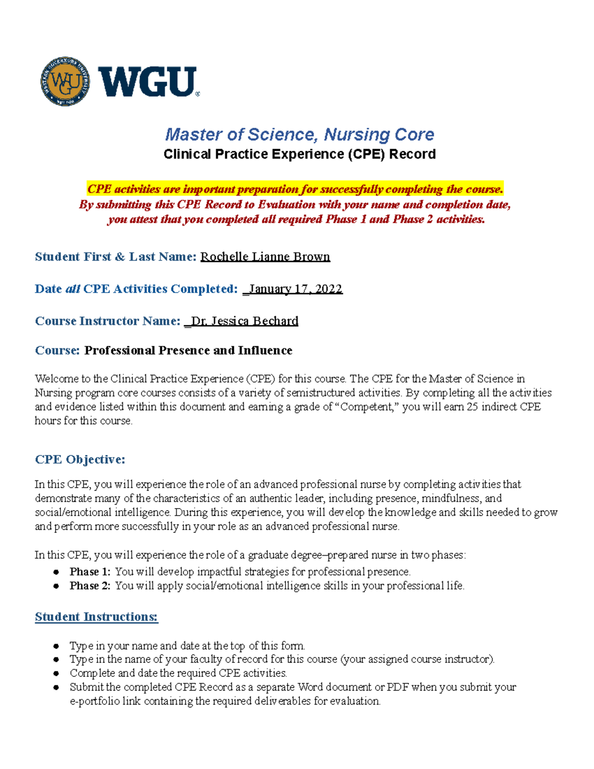 CPE Record documentation - Master of Science, Nursing Core Clinical ...