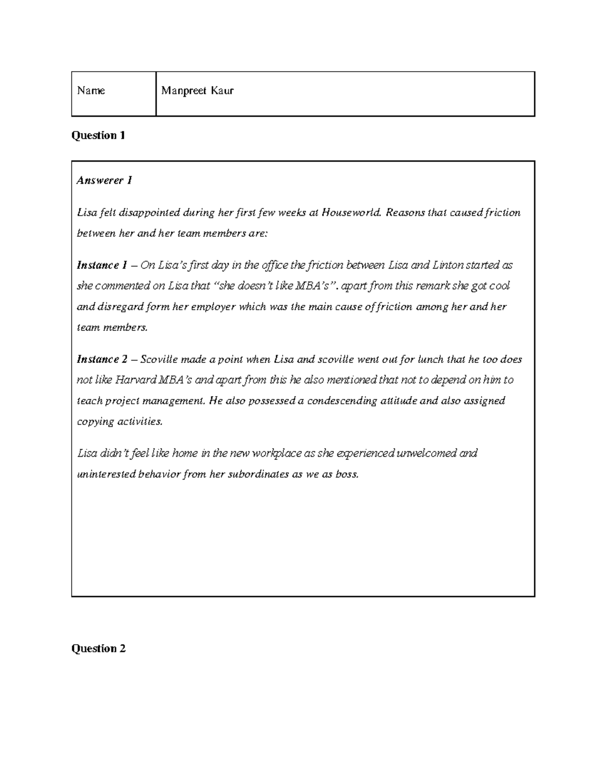 IMT Lisa Benton Manpreet Kaur - Name Manpreet Kaur Question 1 Answerer 1 Lisa felt disappointed ...