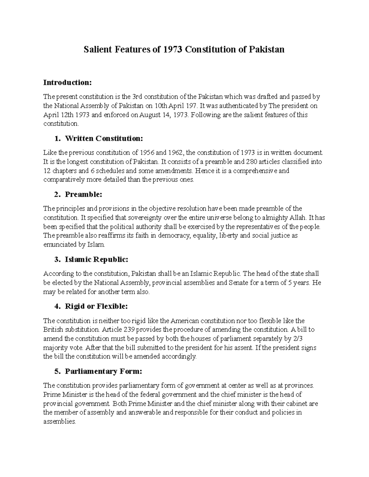 1973 Constitution Salient Features - Salient Features of 1973 ...