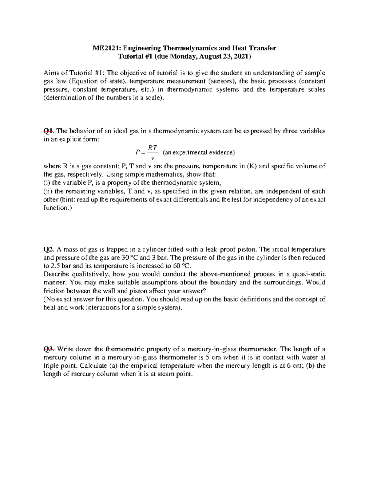 Tutorial assignment 1 upload - ME2121: Engineering Thermodynamics and ...