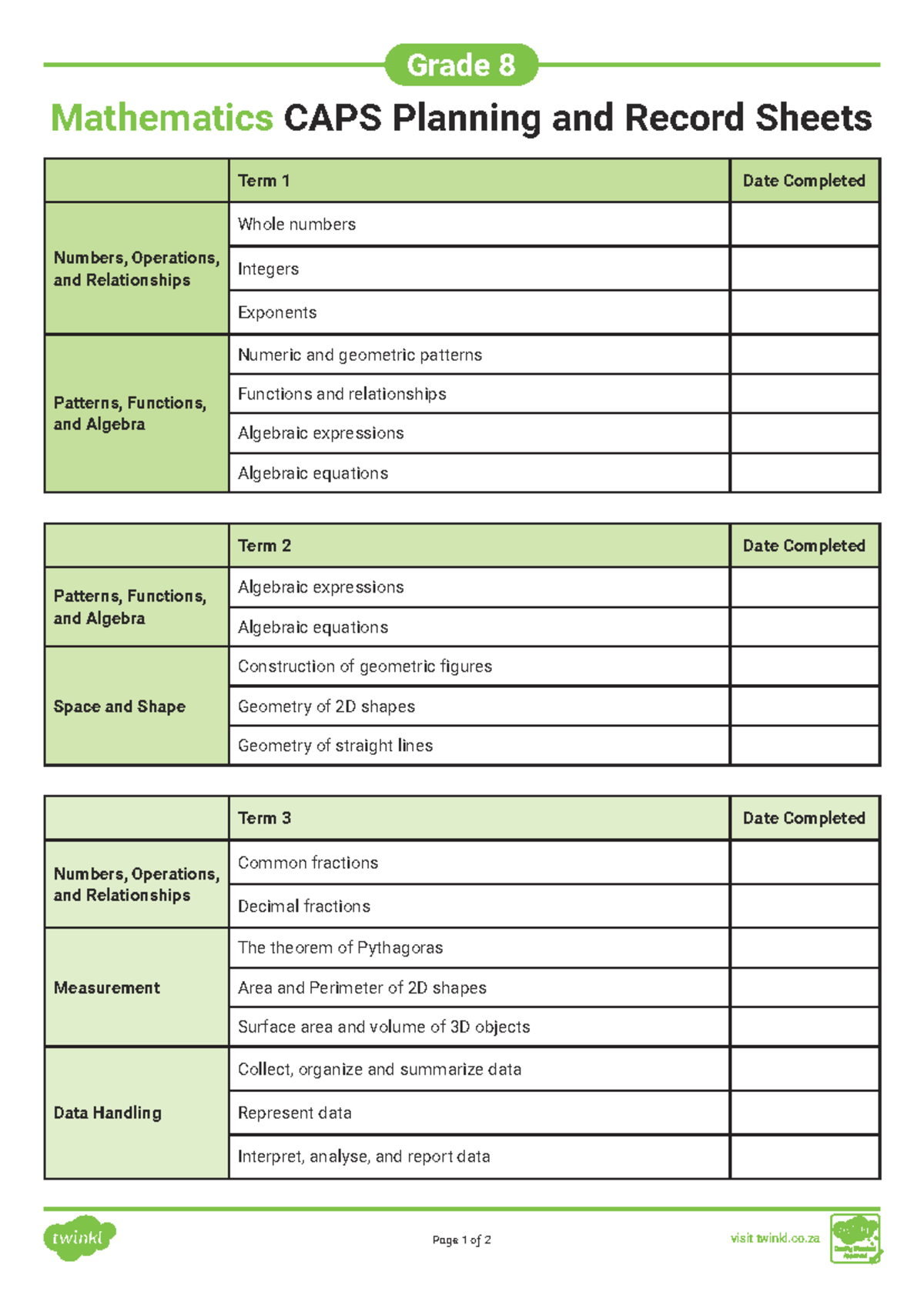 Grade 8 mathematics caps planning and record sheet - Grade 8 ...
