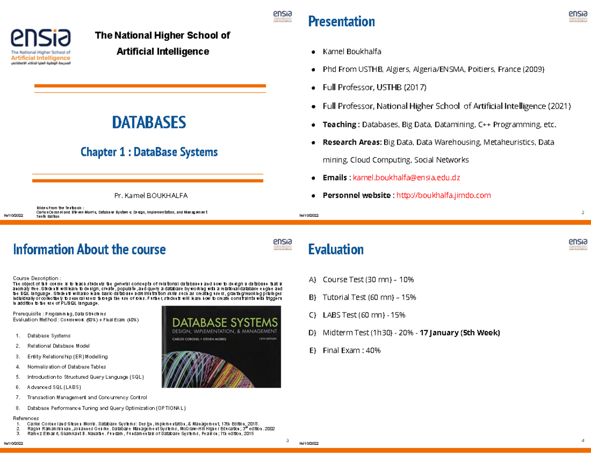 Chapter 1 Database Systems CLSR 2 - 16/10/ DATABASES Chapter 1 : DataBase Systems Pr. Kamel ...