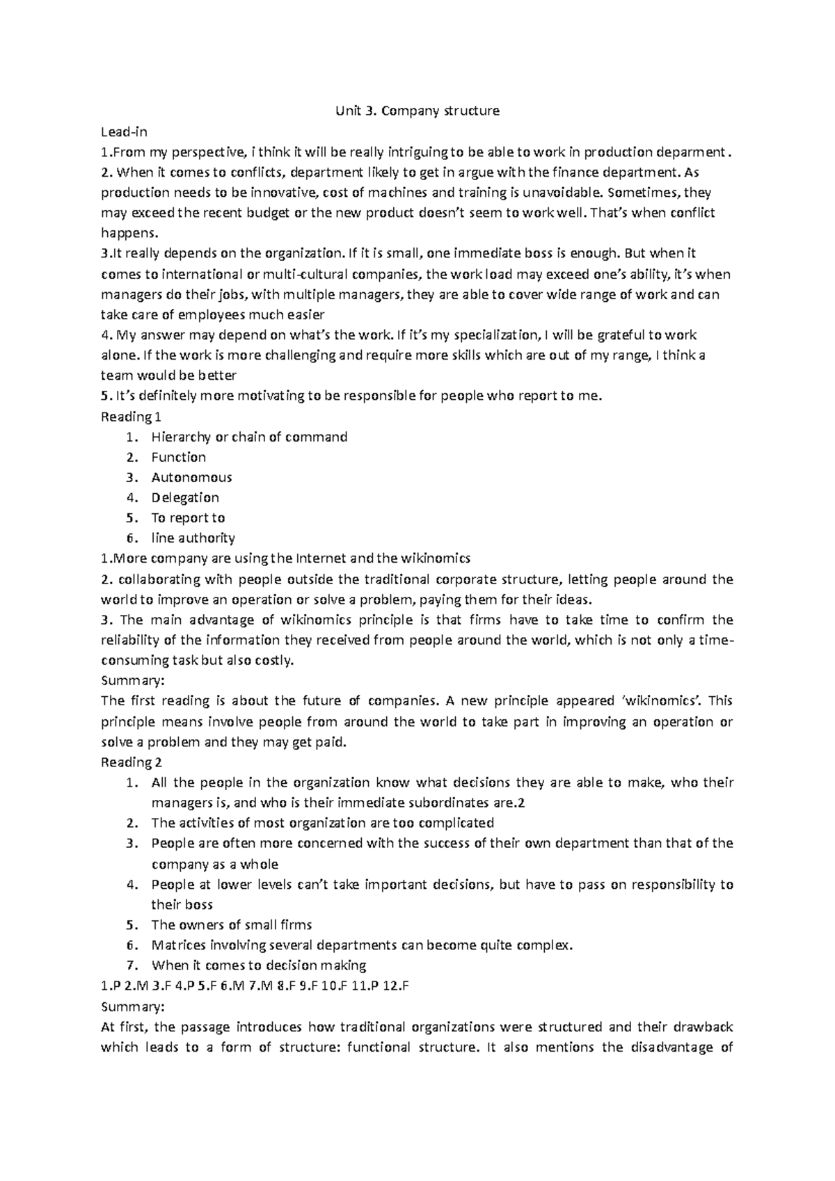 Bai tap tatm - Đáp án chapter 3 - Unit 3. Company structure Lead-in 1 my perspective, i think it ...