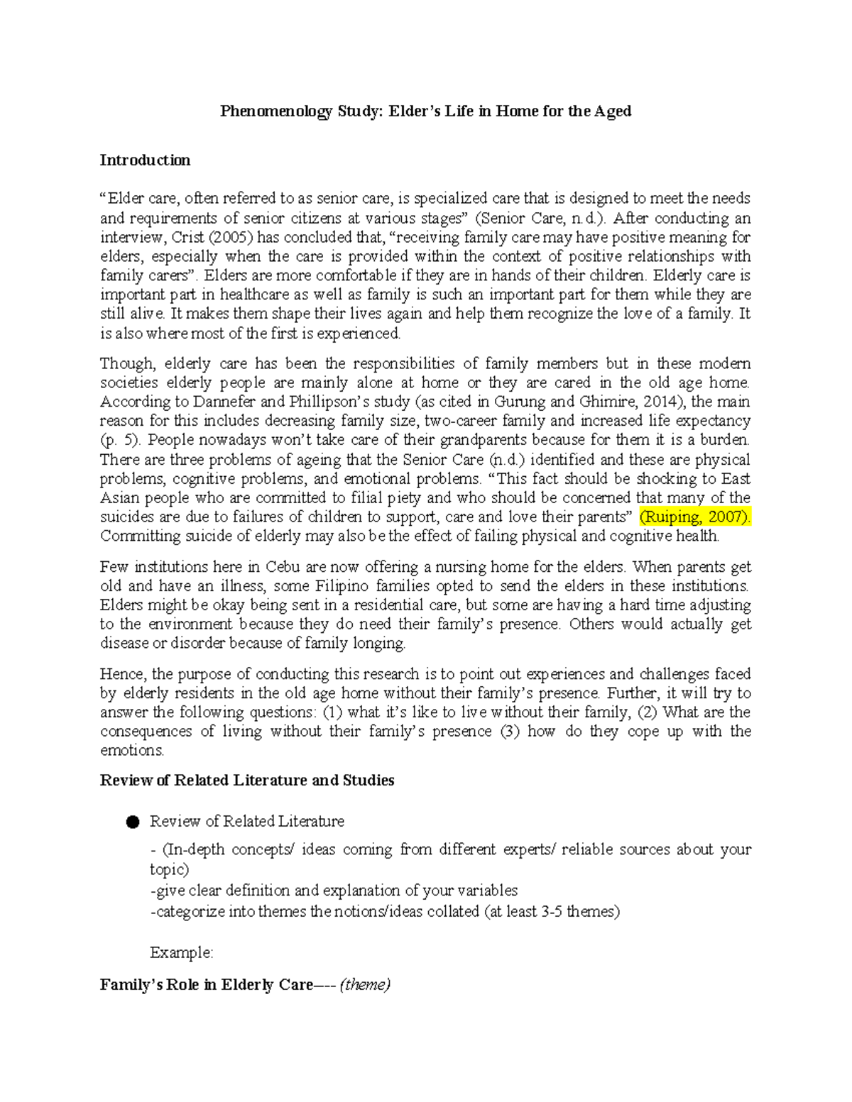 Introduction and RRL 1 - gxn nc - Phenomenology Study: Elder’s Life in ...