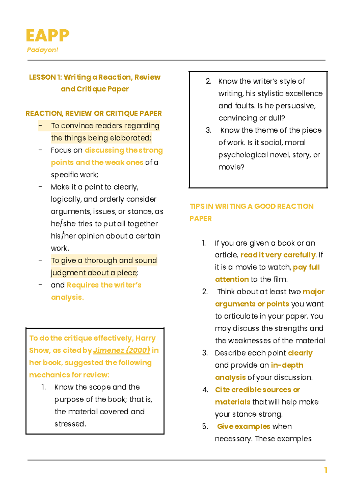 EAPP 2nd - EAPP - Padayon! LESSON 1: Writing a Reaction, Review and ...