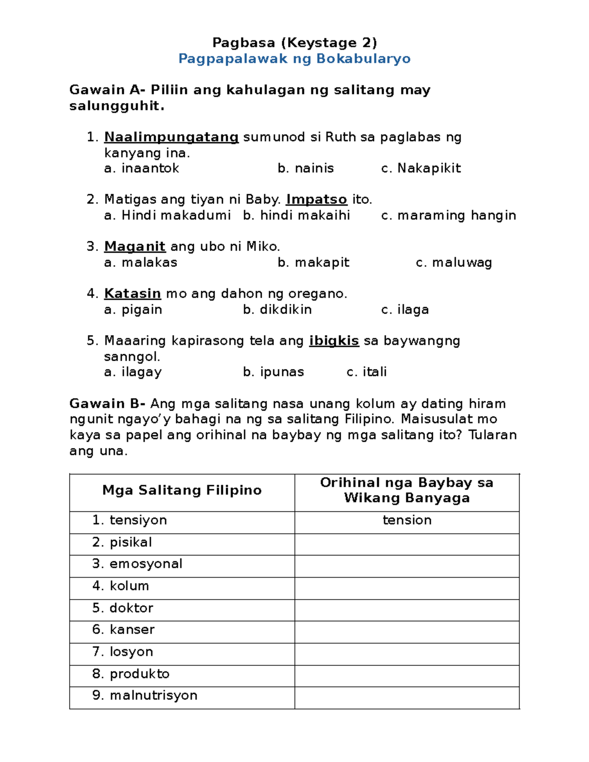 Pagbasa - pagpapalawak ng bokabularyo - Pagbasa (Keystage 2 ...