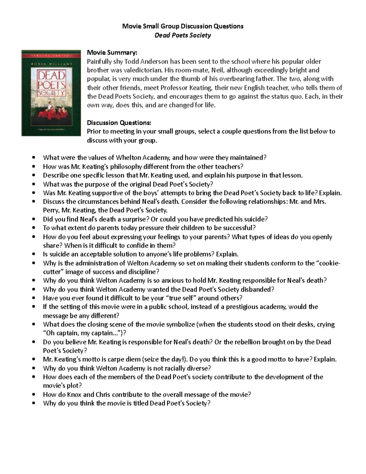 Dead Poets Society - lecture notes - Movie Small Group Discussion ...