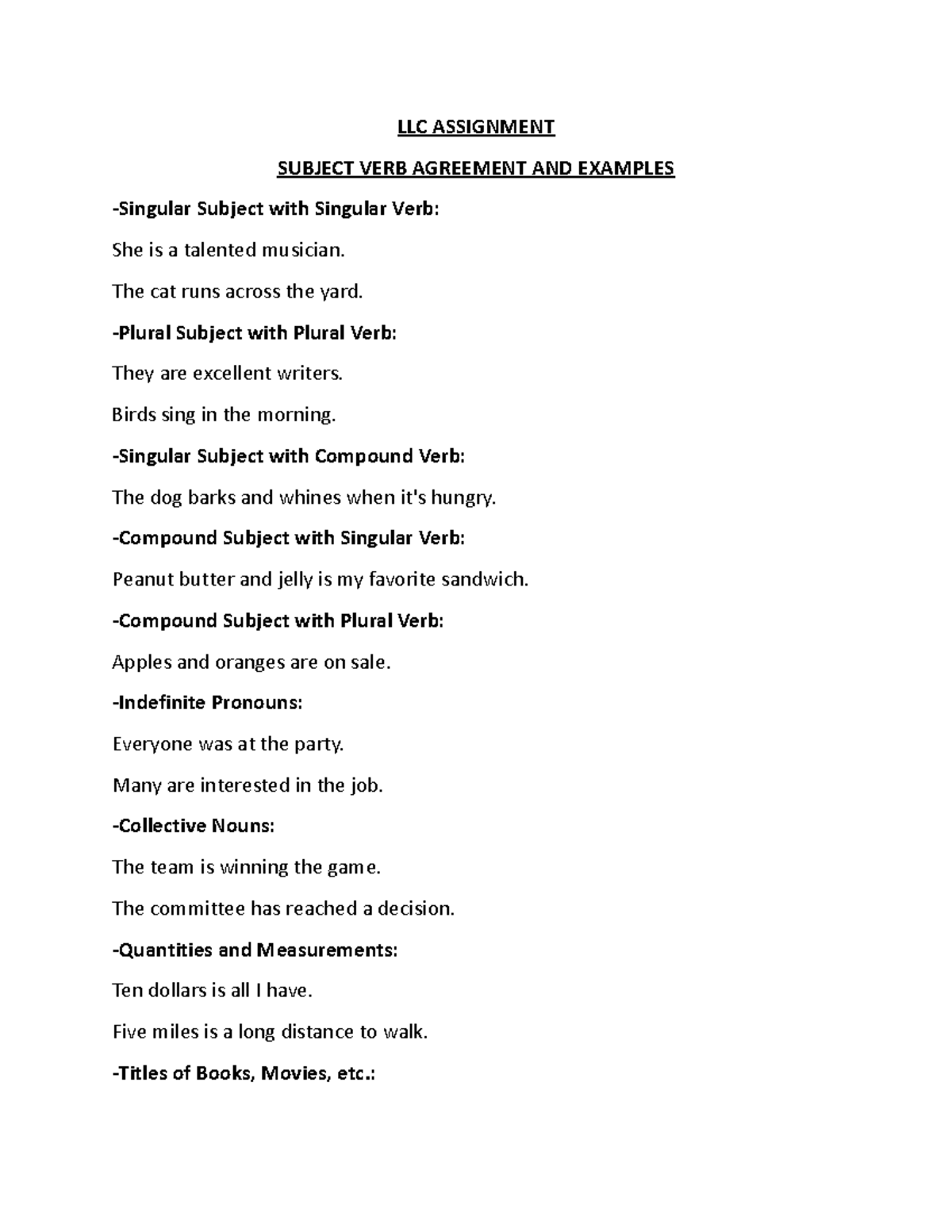 LLC Assignment - LLC - LLC ASSIGNMENT SUBJECT VERB AGREEMENT AND ...