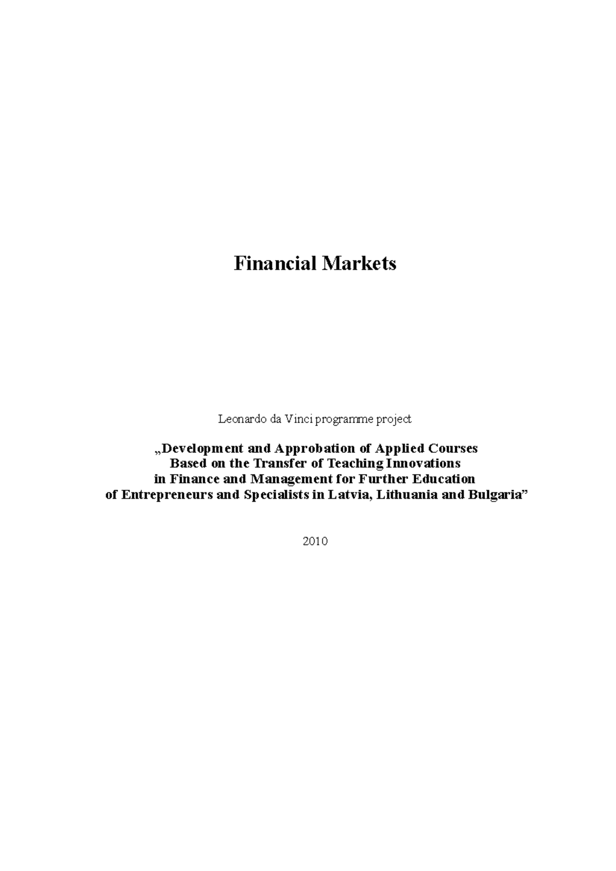 7 Financial markets Module - Financial Markets Leonardo da Vinci ...