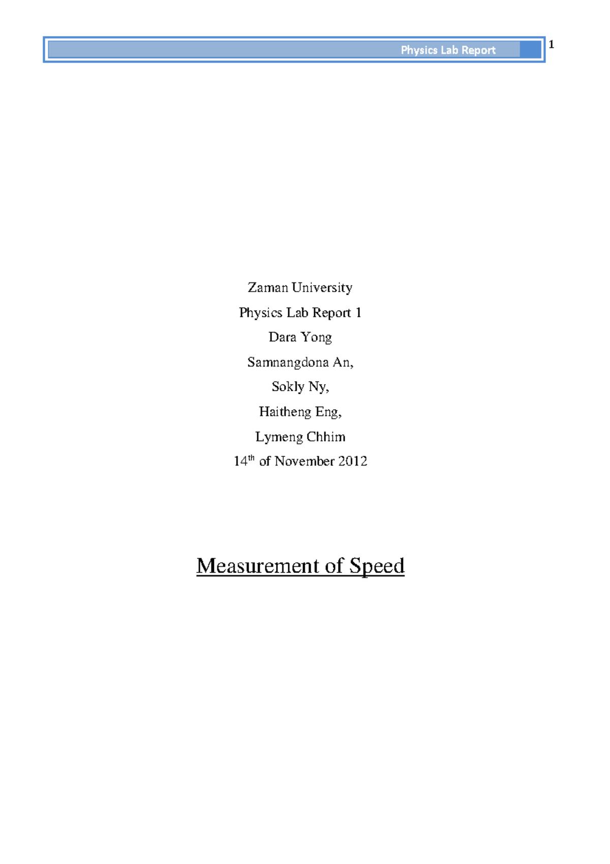 Measurement of Speed PDF - Physics Lab Report Zaman University Physics ...