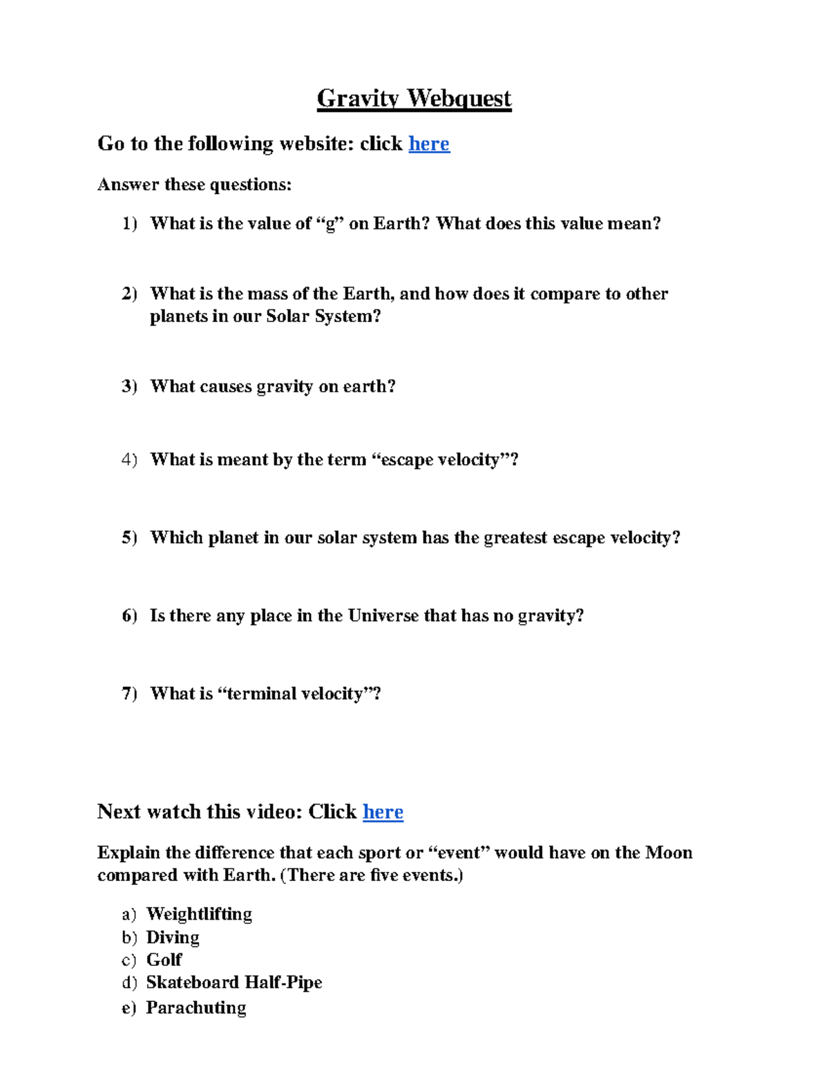Gravity and Moon Webquest - Gravity Webquest Go to the following ...