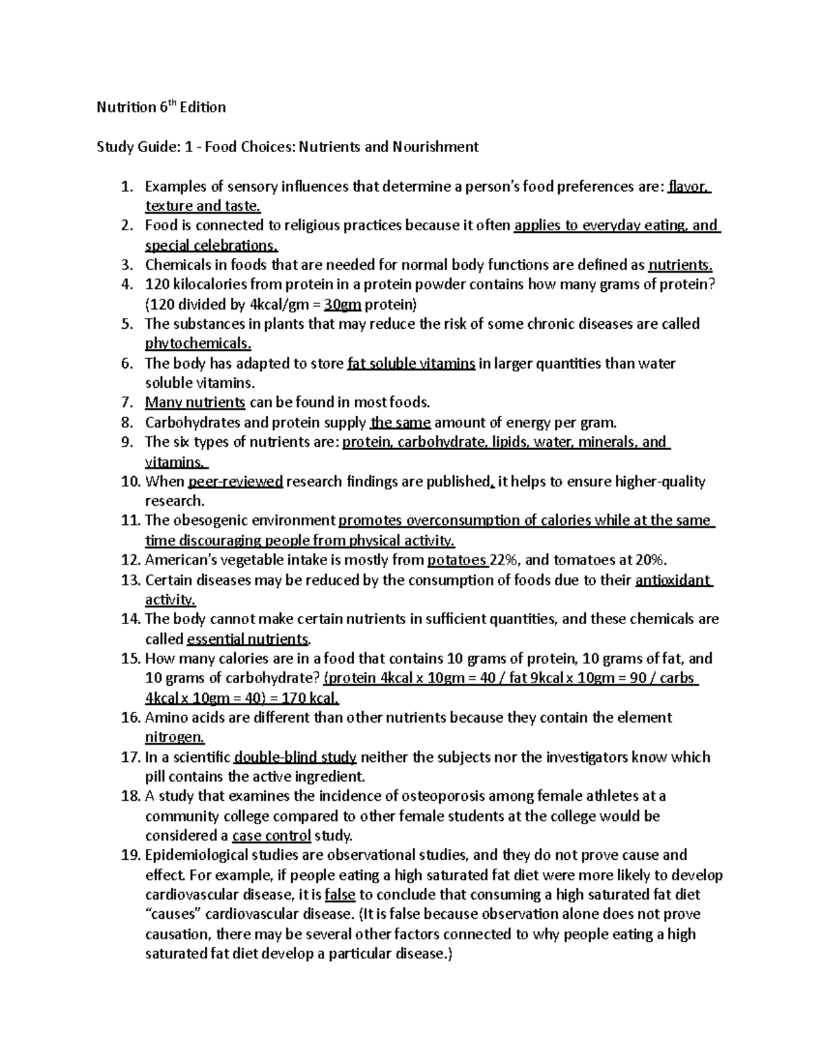 1 - Food Choices (6th Ed) - Nutrition 6th Edition Study Guide: 1 - Food ...