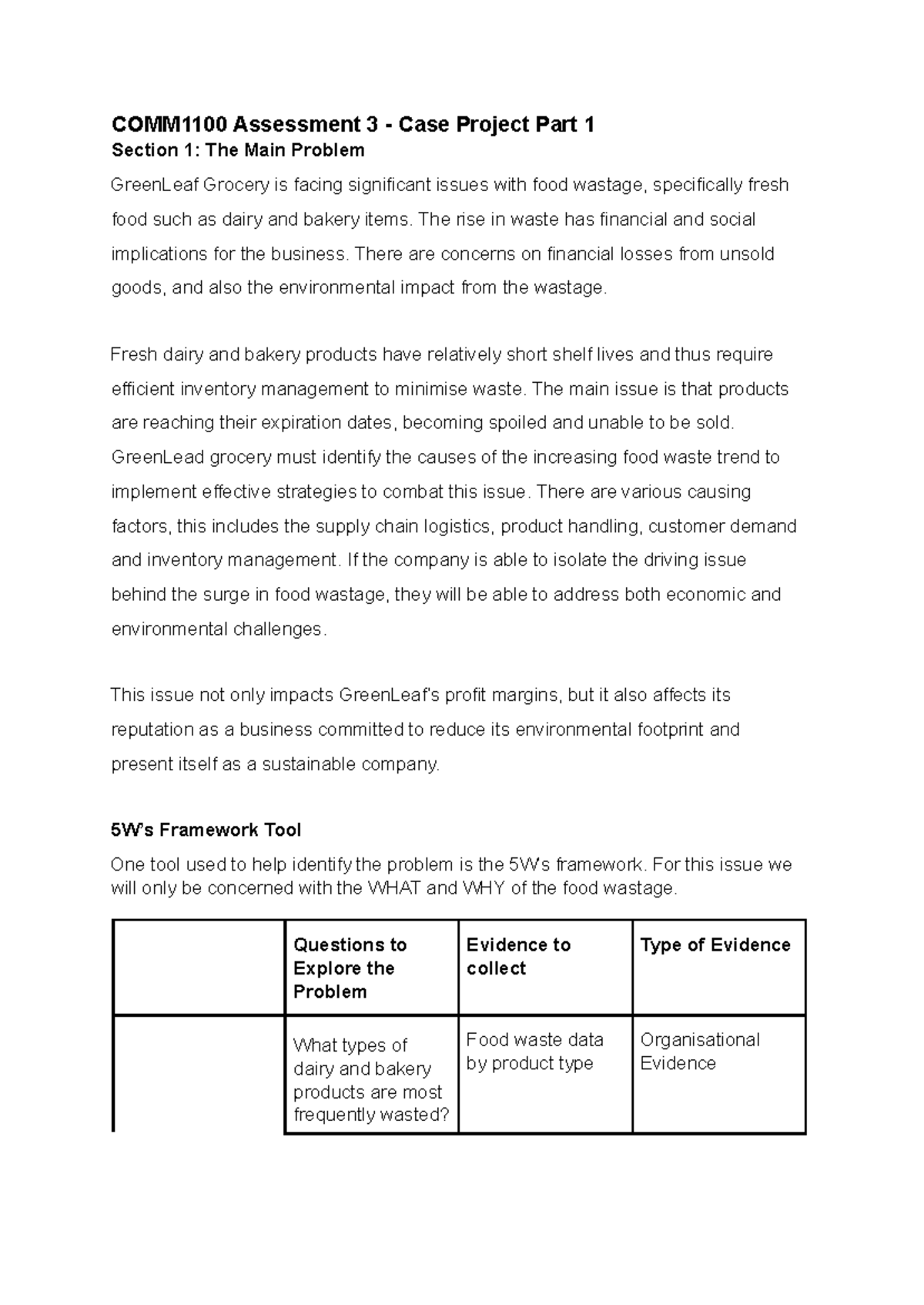 COMM1110 assessment 3 - COMM1100 Assessment 3 - Case Project Part 1 Section 1: The Main Problem ...