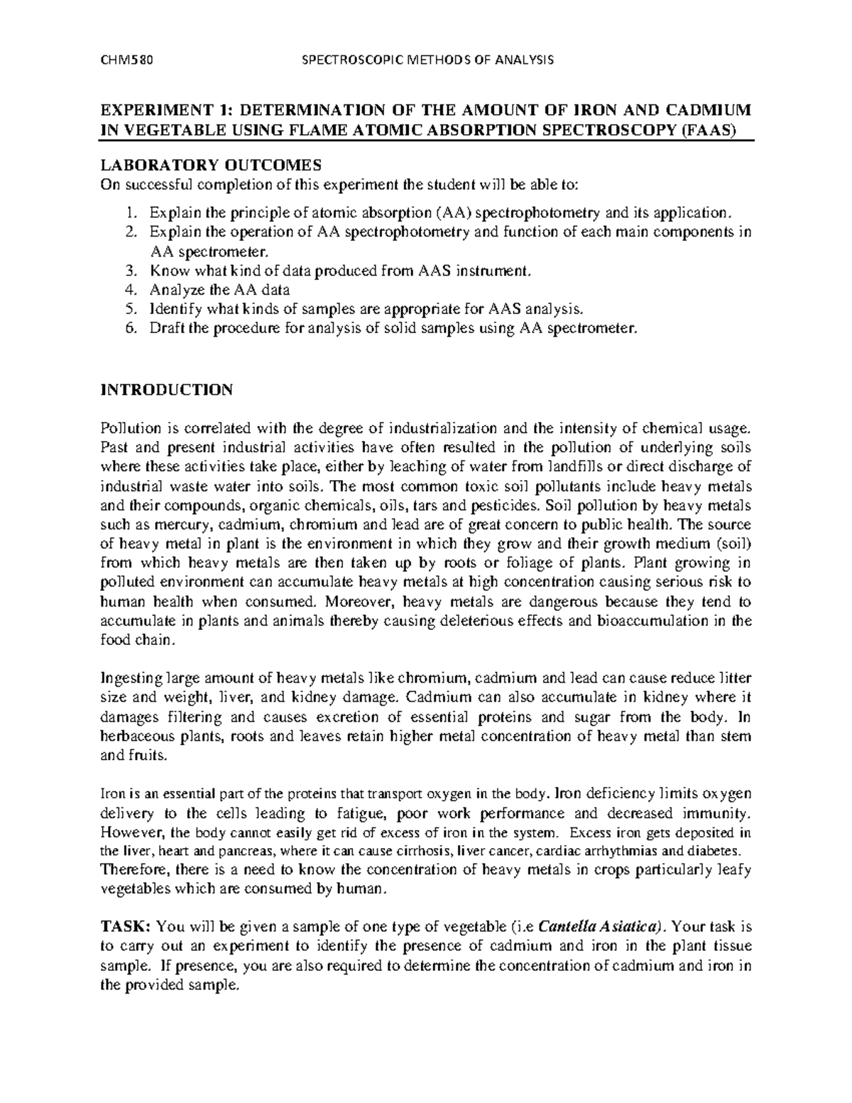 Practical Manual and Rubric CHM580 - EXPERIMENT 1: DETERMINATION OF THE ...