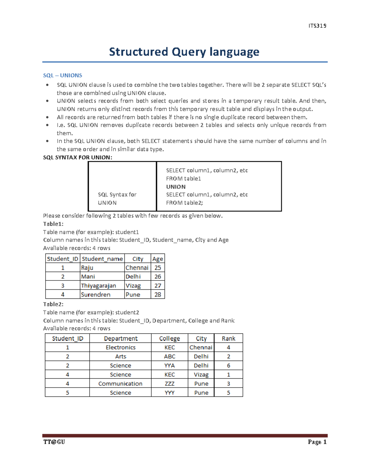 ITS319 Week7 - lecture and practice notes - Structured Query language ...