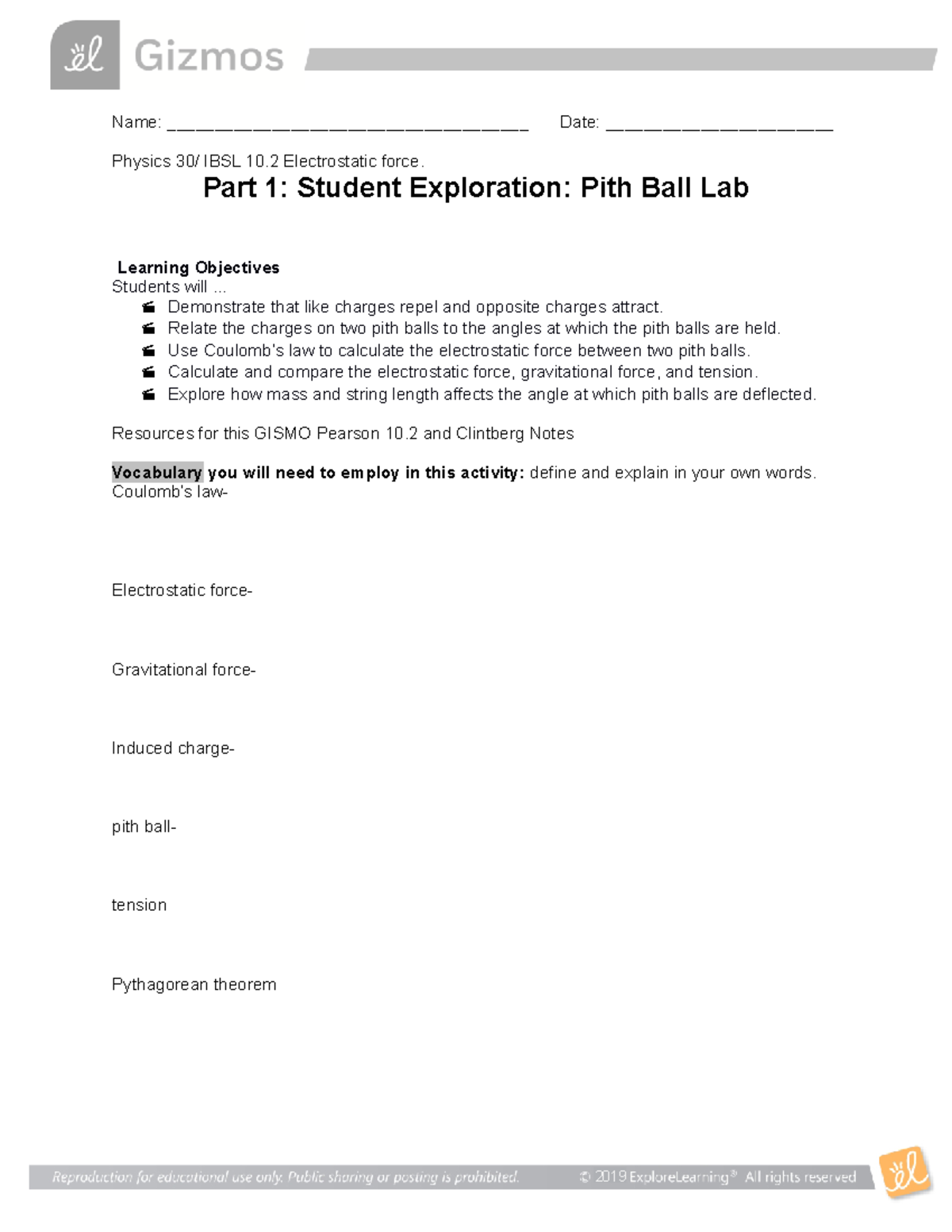 Pith Ball Lab SE Gismo for SWC 2020 worksheet - Name