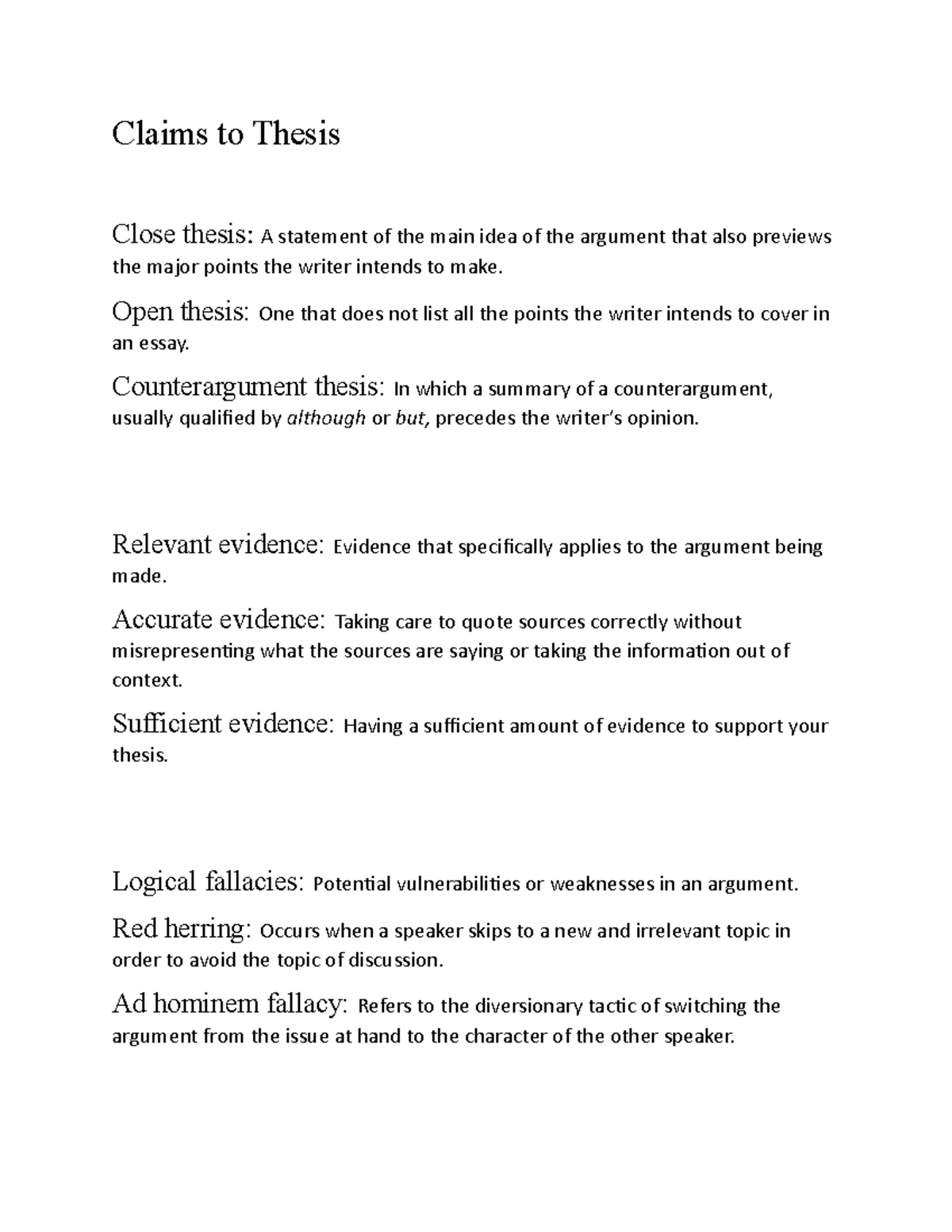 Thesis Notes - Claims to Thesis - Claims to Thesis Close thesis: A ...