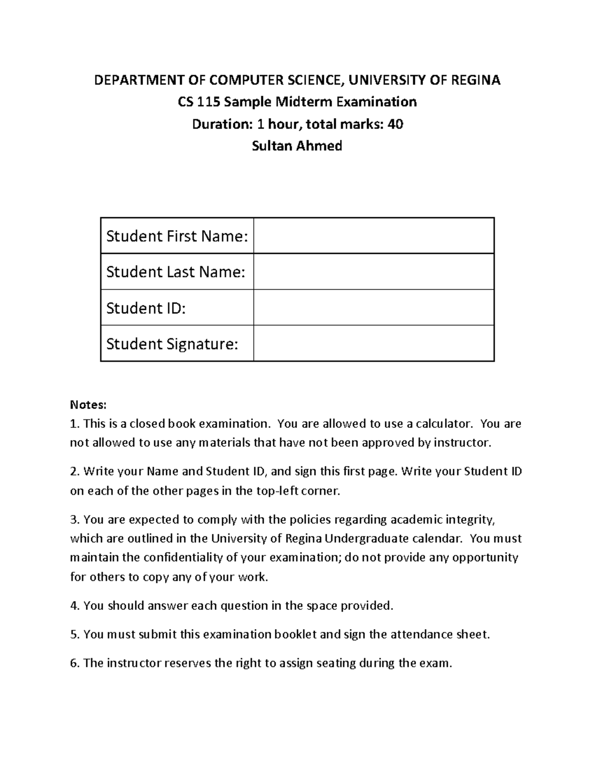 Sample Midterm Fall2024 - DEPARTMENT OF COMPUTER SCIENCE, UNIVERSITY OF REGINA CS 115 Sample ...