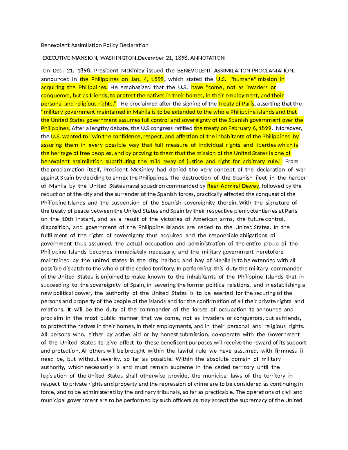 Benevolent Assimilation Policy Declaration - Benevolent Assimilation ...