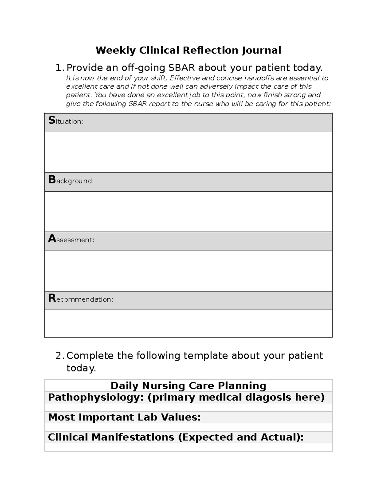 Adult 1 Practice Journal - Weekly Clinical Reflection Journal 1 ...