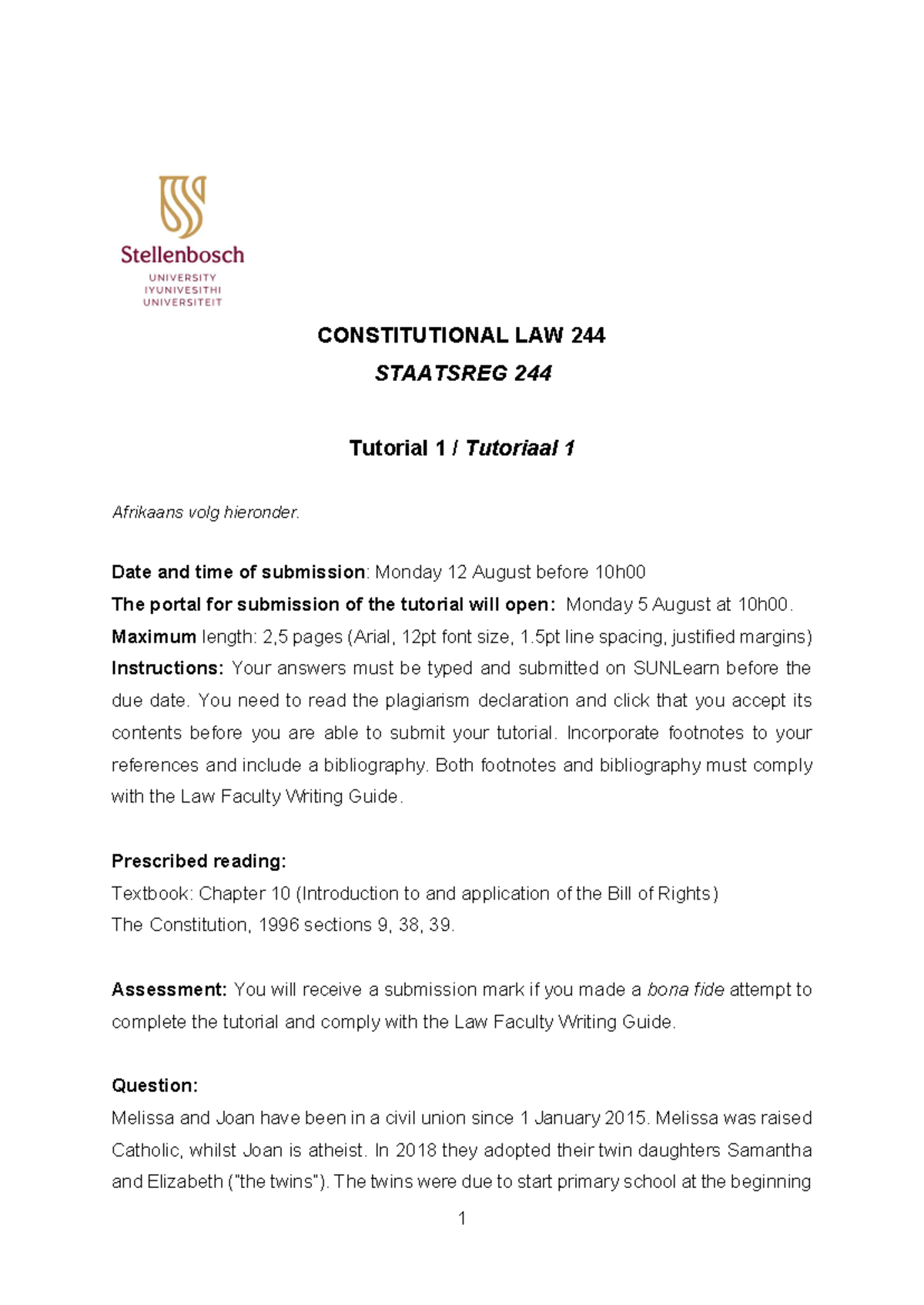 Constitutional Law 244 Tutorial 1 - CONSTITUTIONAL LAW 244 STAATSREG ...