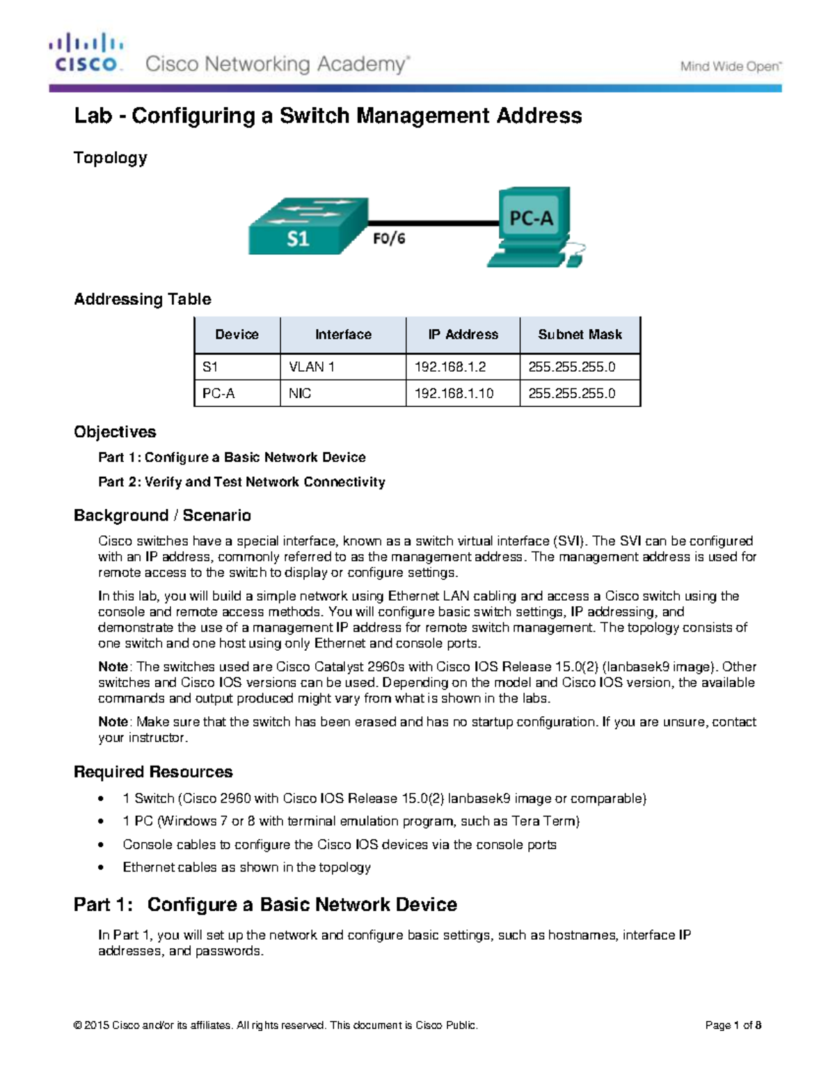2.3.3.4 Lab - Configuring a Switch Management Address - Topology ...