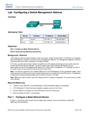2.3.3.3 Lab - Building a Simple Network - Topology Addressing Table Device Interface IP Address ...
