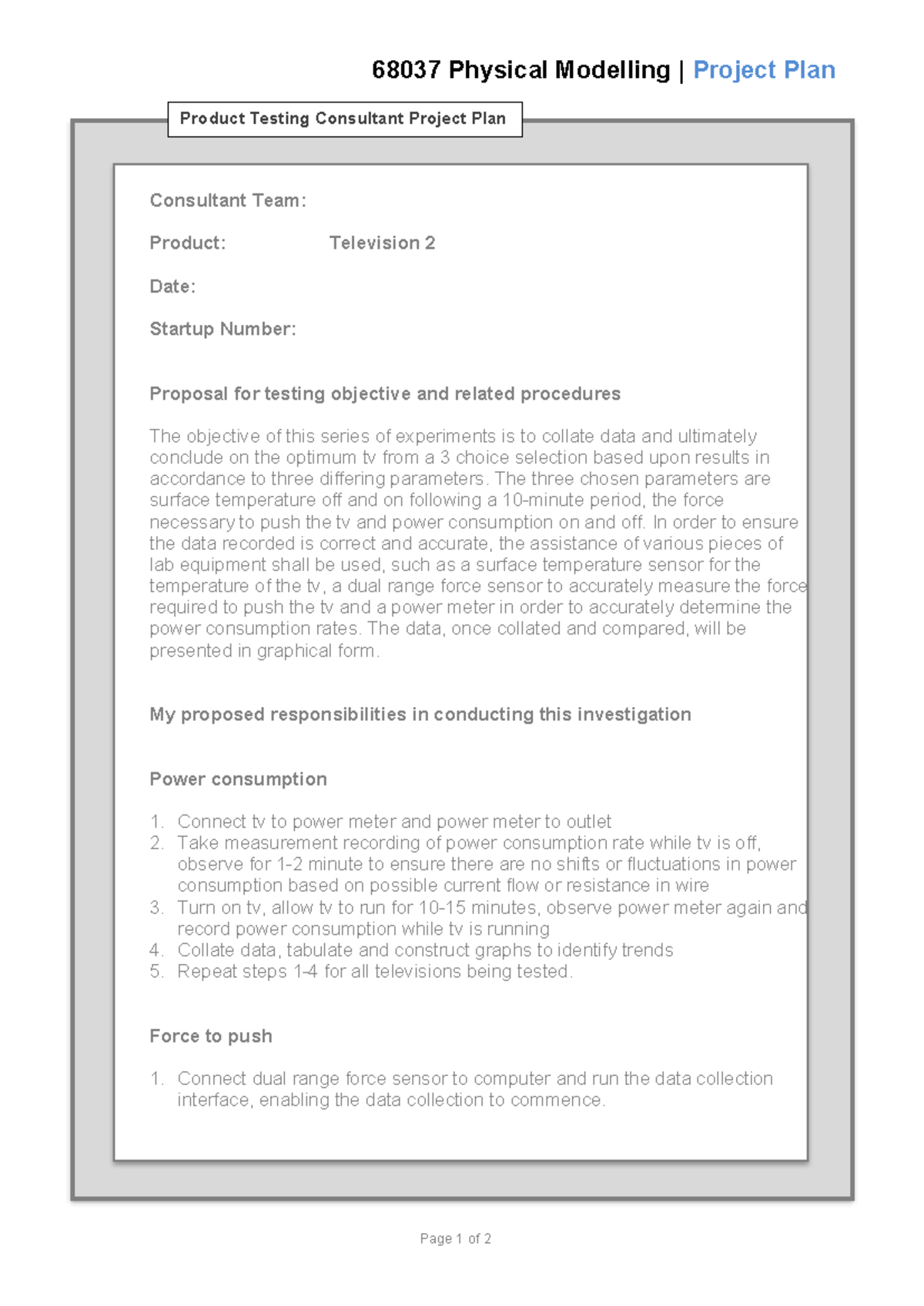 Tv2 Project Plan 68037 Physical Modelling Project Plan Consultant