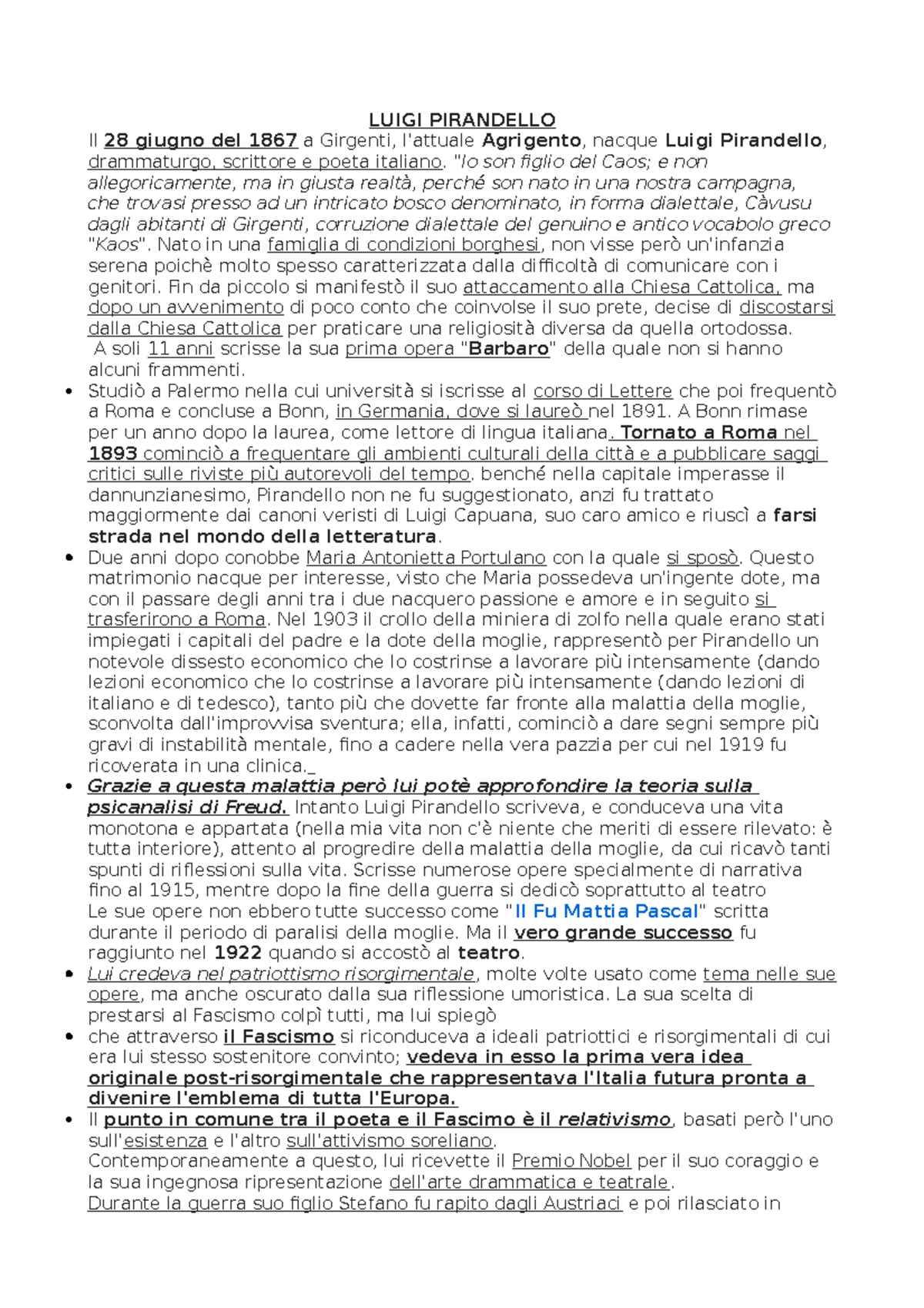 Pirandello, Montale, Ungaretti, Crepuscolari, Futurismo - LUIGI PIRANDELLO Il 28 giugno del 1867 ...