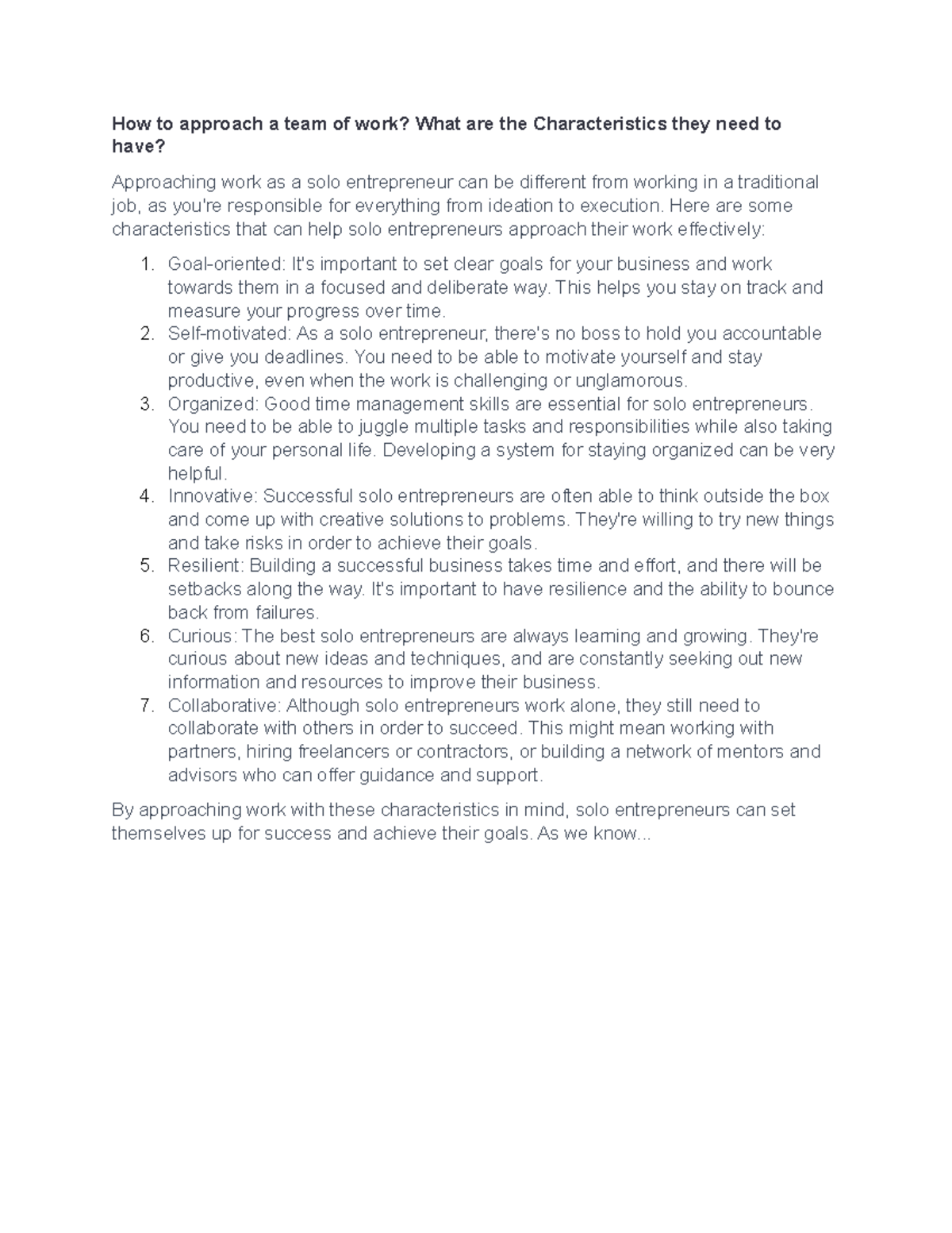 Characteristics in a team work - How to approach a team of work? What ...