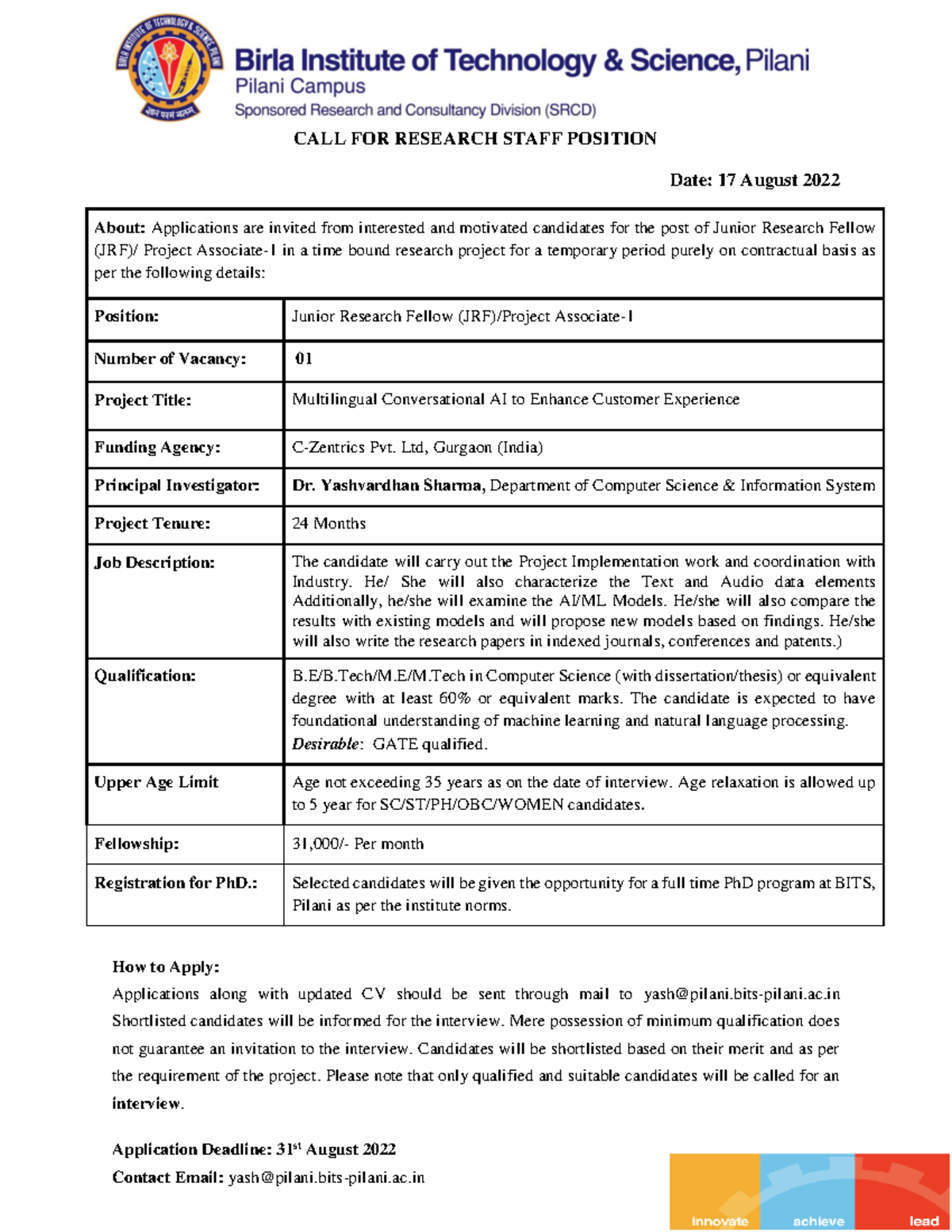 Advertisement OF Research Staff IN Project for Dr - CALL FOR RESEARCH STAFF POSITION Date: 17 ...