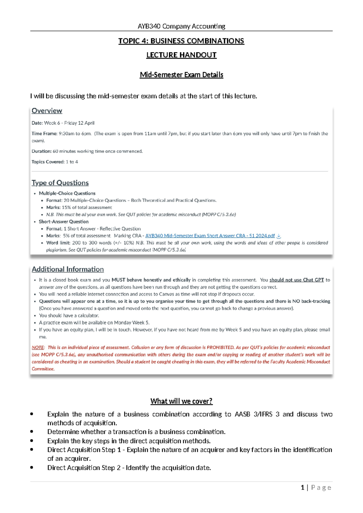AYB340 S1 2024 Lecture 4 - Handout - TOPIC 4: BUSINESS COMBINATIONS ...