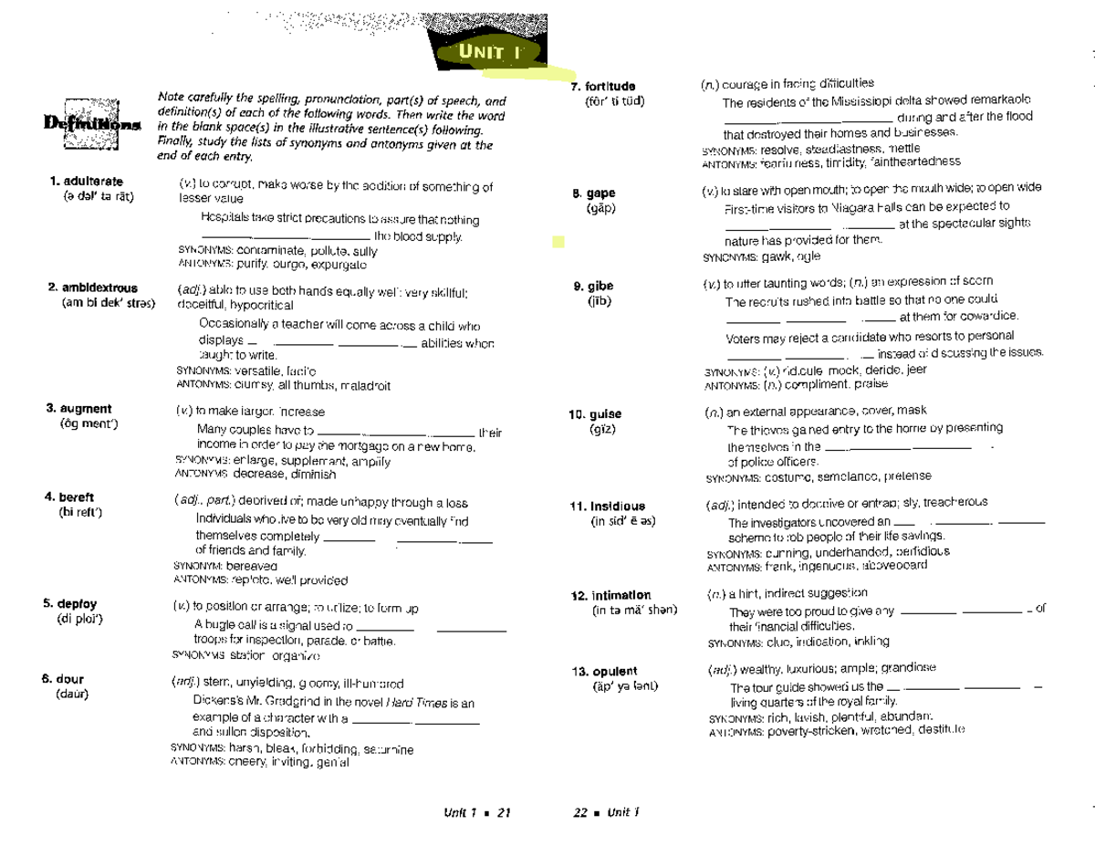 Vocab level E Unit 1 - work for class - UNIT I 7. fortitude (n ...