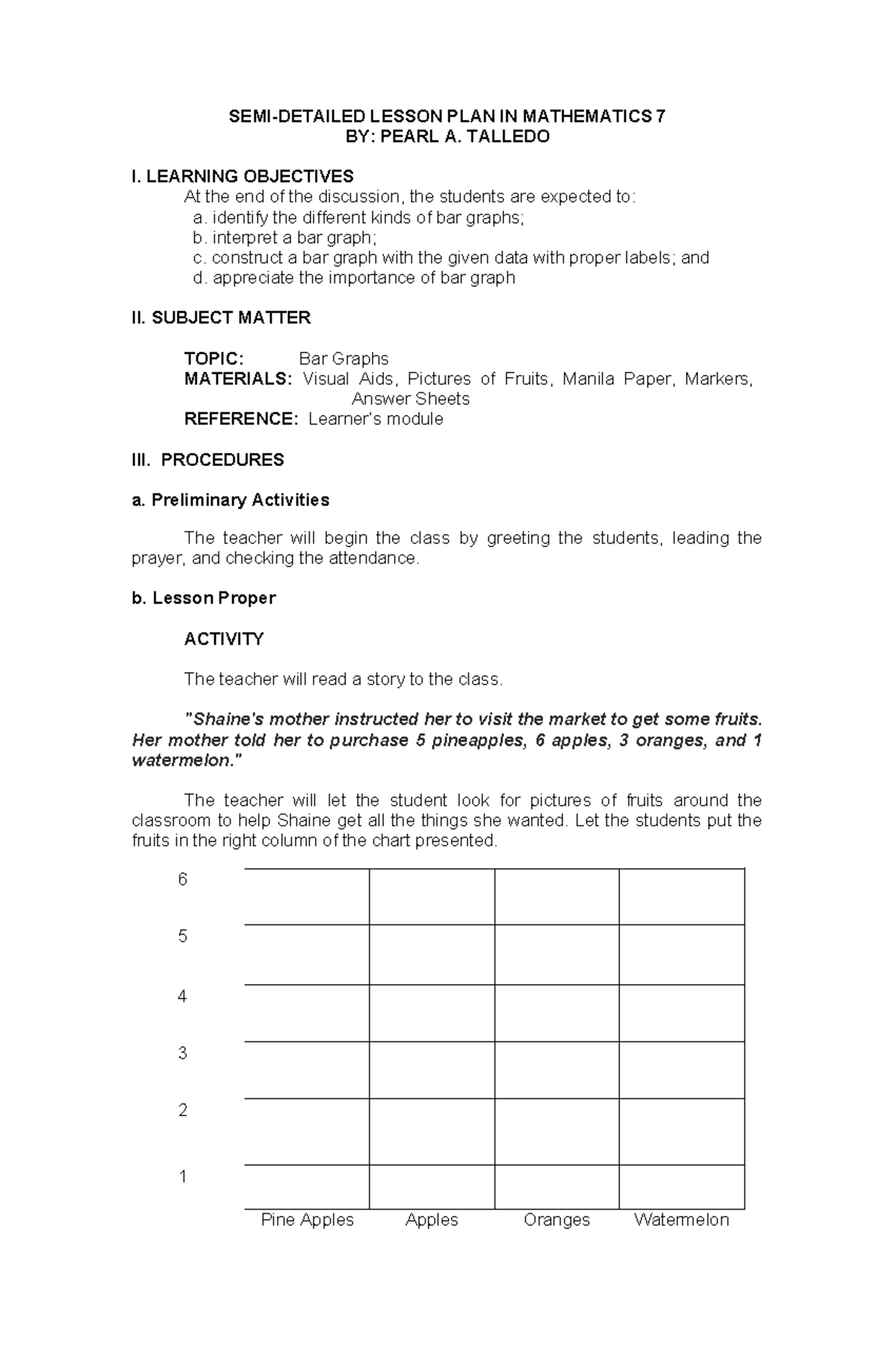 Semi-detailed in Bar graph - SEMI-DETAILED LESSON PLAN IN MATHEMATICS 7 ...