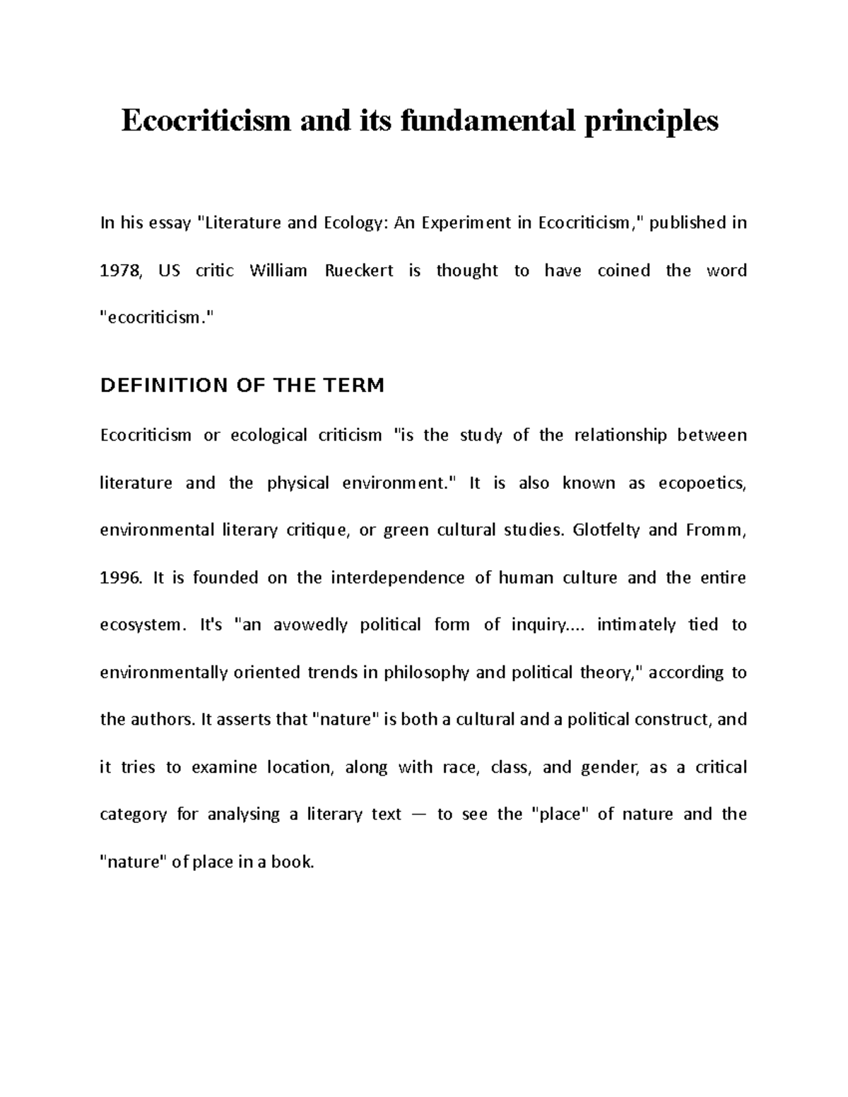 Ecocriticism and its fundamental principles - " DEFINITION OF THE TERM ...