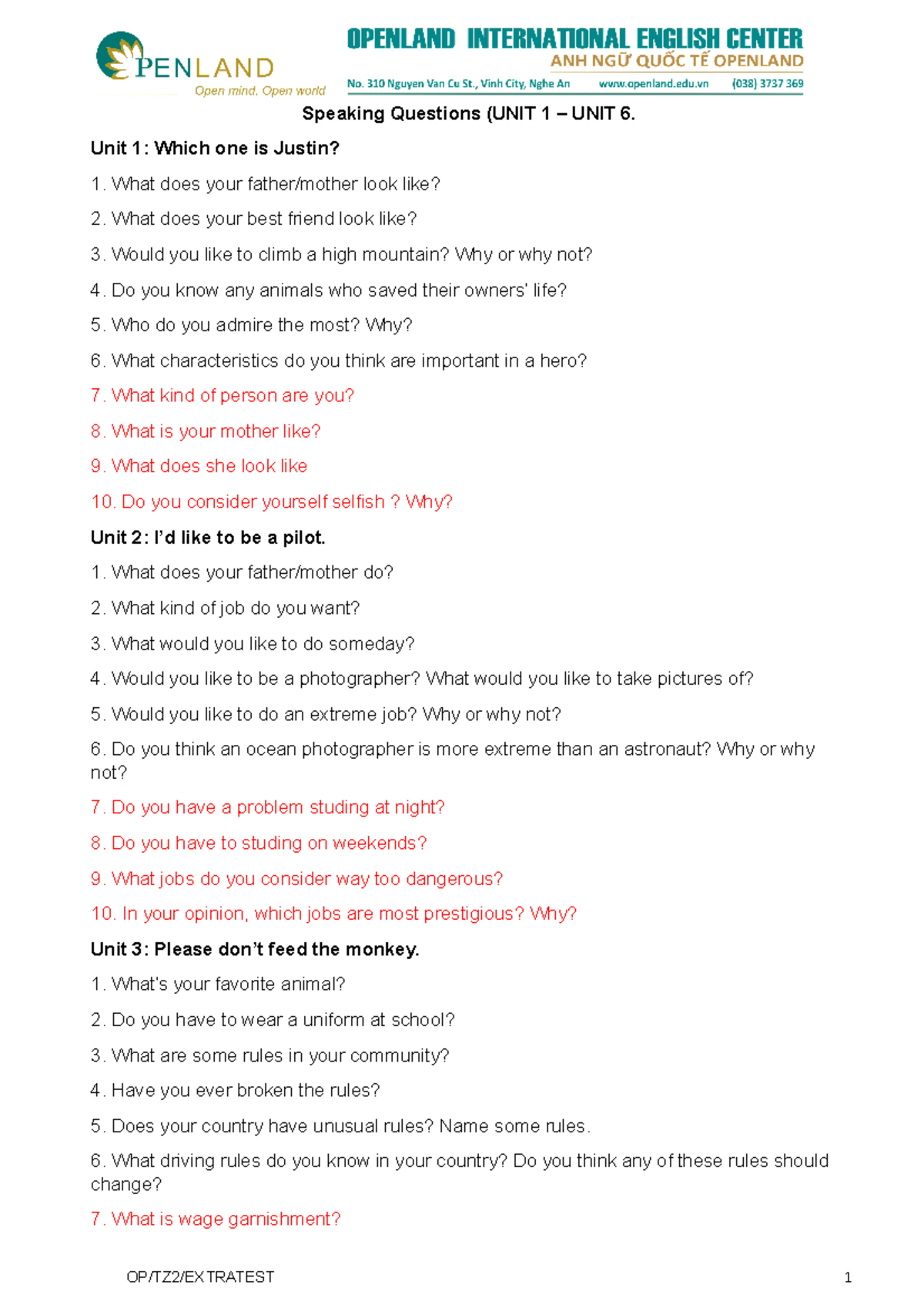 TZ3 Speaking TEST Ms Uyen 07 - Speaking Questions (UNIT 1 – UNIT 6 ...