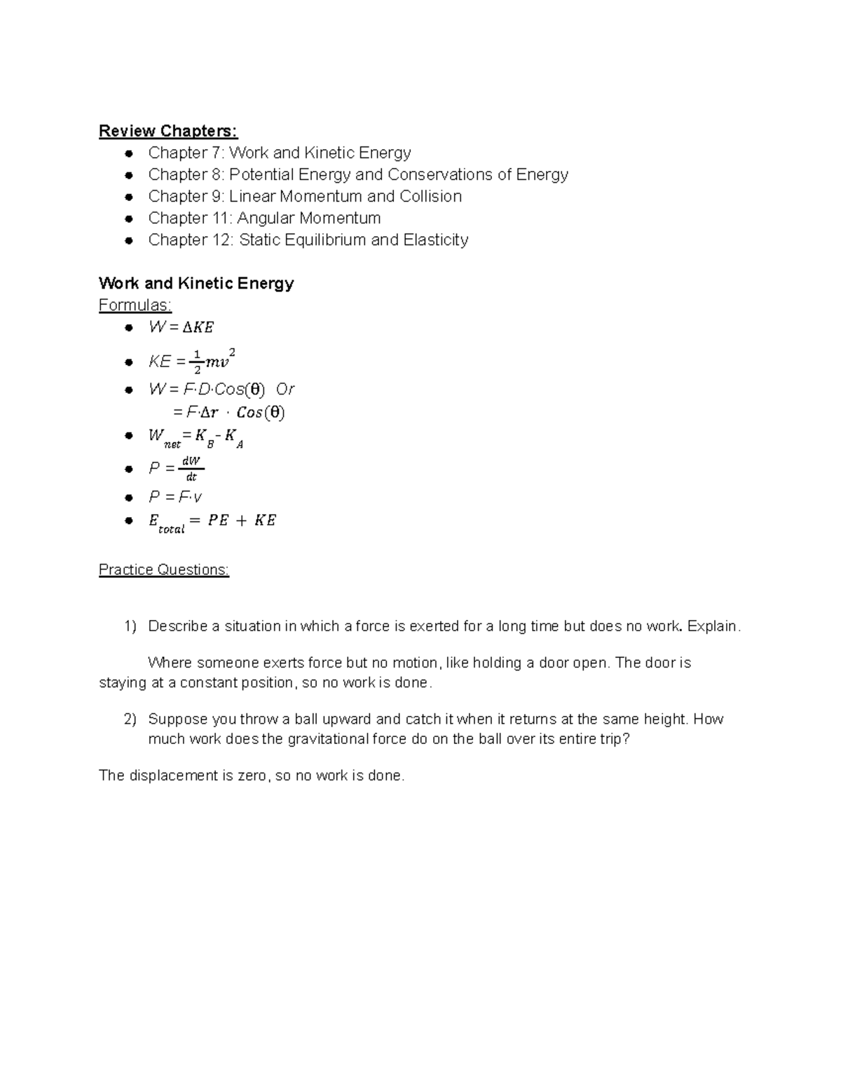 Work and Kinetic Energy practice - Review Chapters: Chapter 7: Work and ...
