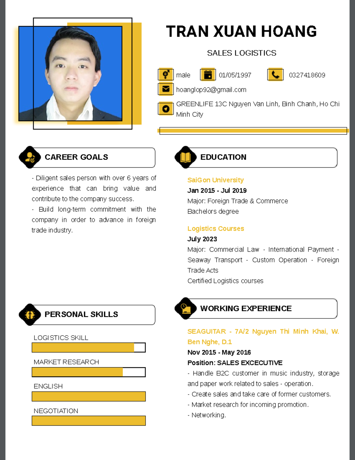 TRAN XUAN Hoang - Sales Logistics - male 01/05/1997 0327418609 ...