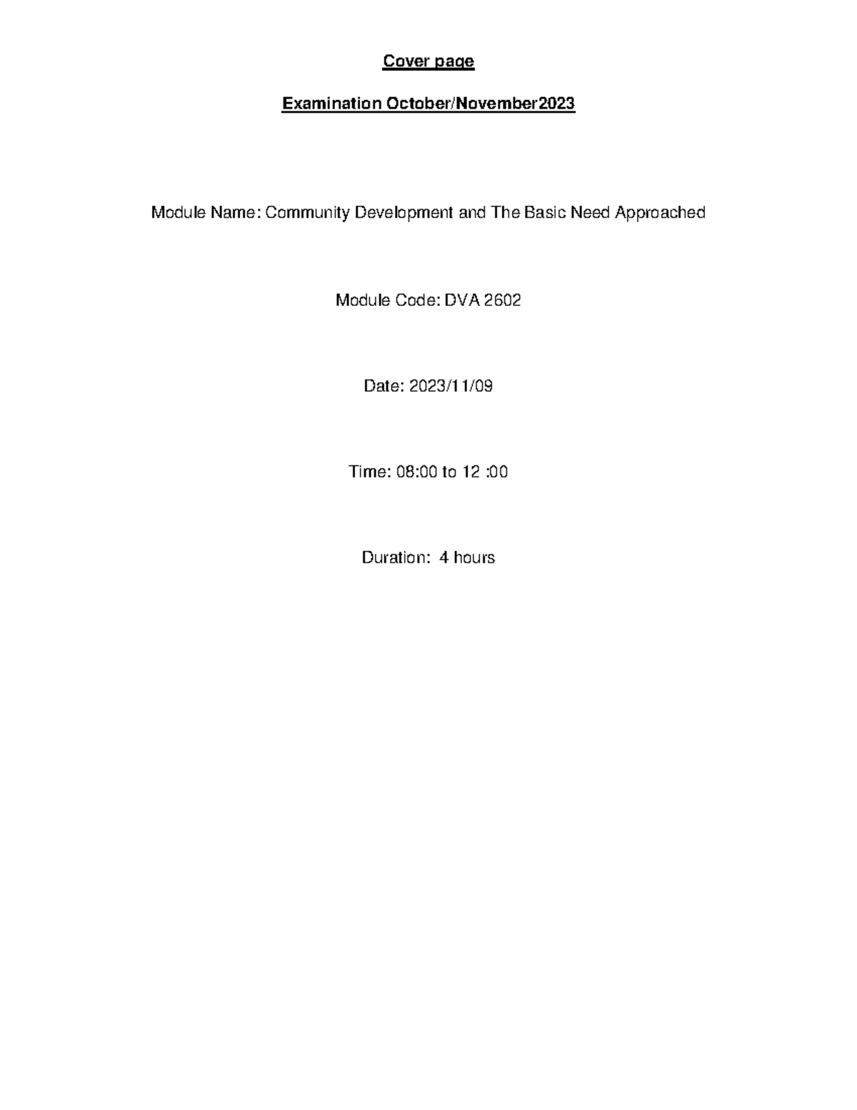 DVA 2602 EXAM 2023 - Community Development - Cover page Examination ...