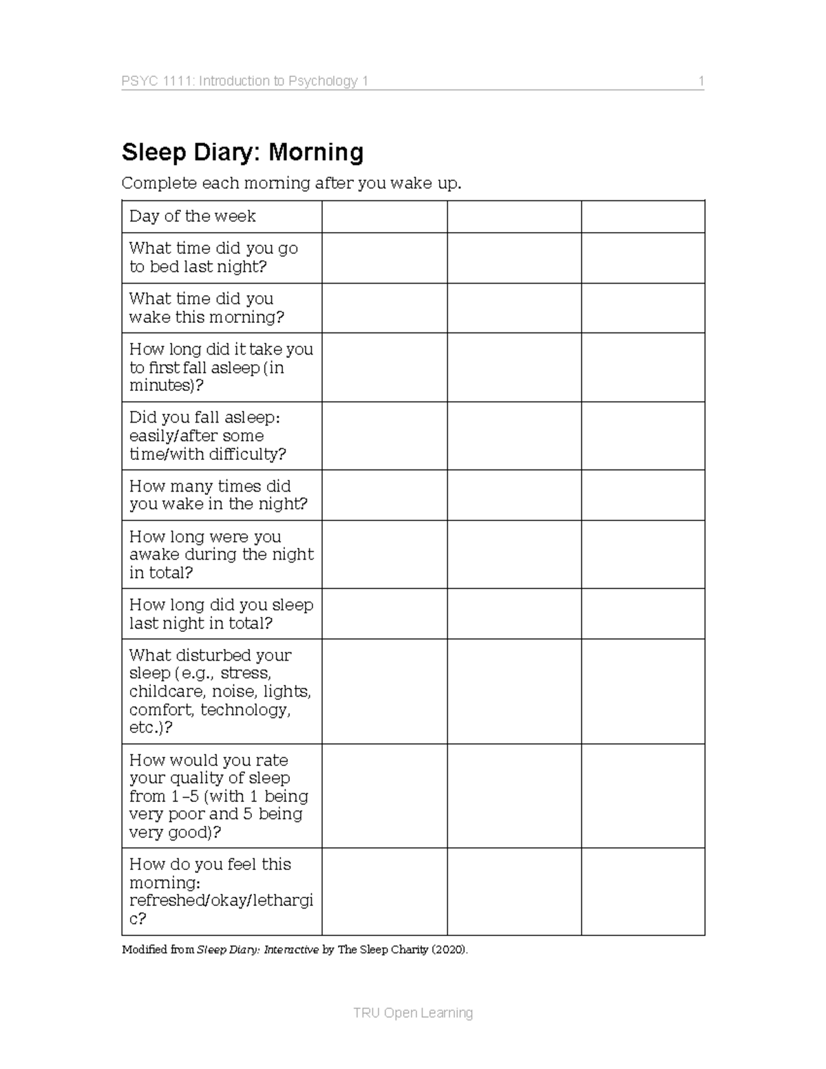 PSYC1111 Assignment 3 Sleep Diary Morning - PSYC 1111: Introduction to ...