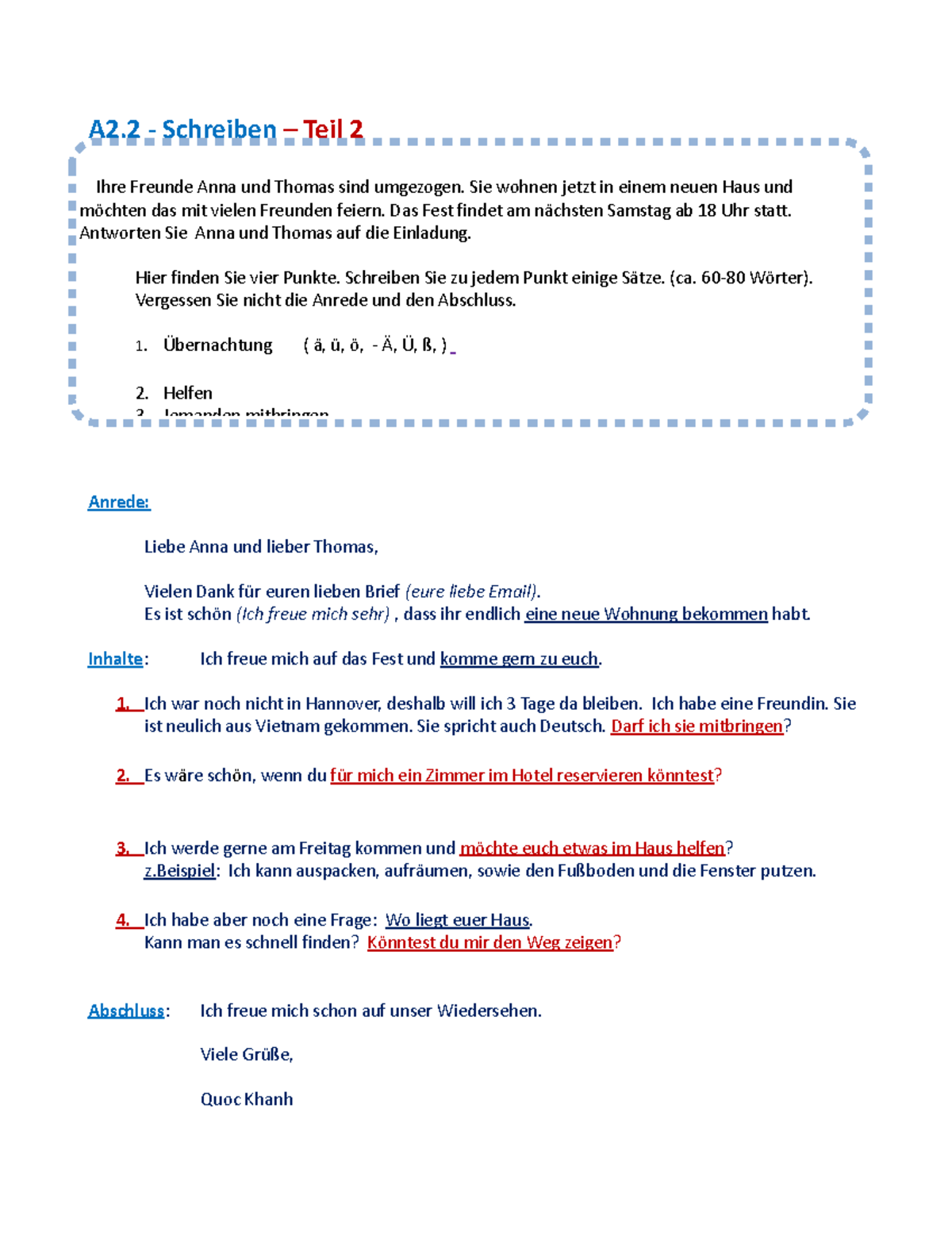 A2 - good - A2 - Schreiben – Teil 2 Anrede: Liebe Anna und lieber ...