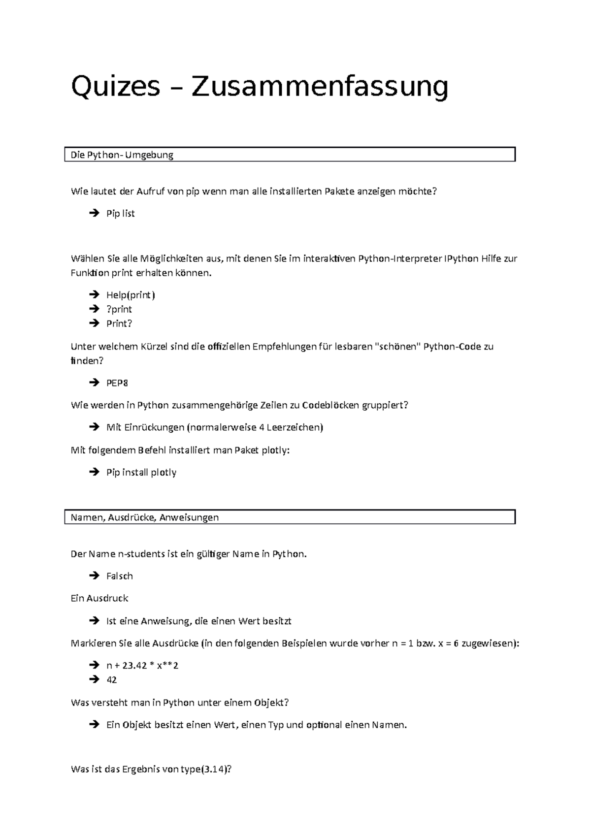 Python Quizes Zusammenfassung - Quizes – Zusammenfassung Die Python ...