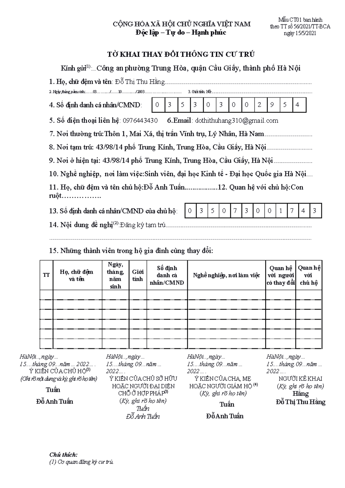 CT01 Tờ khai thay đổi thông tin cư trú - CỘNG H伃A X䄃̀ HÔ I CH唃ऀ NGH䤃̀A ...
